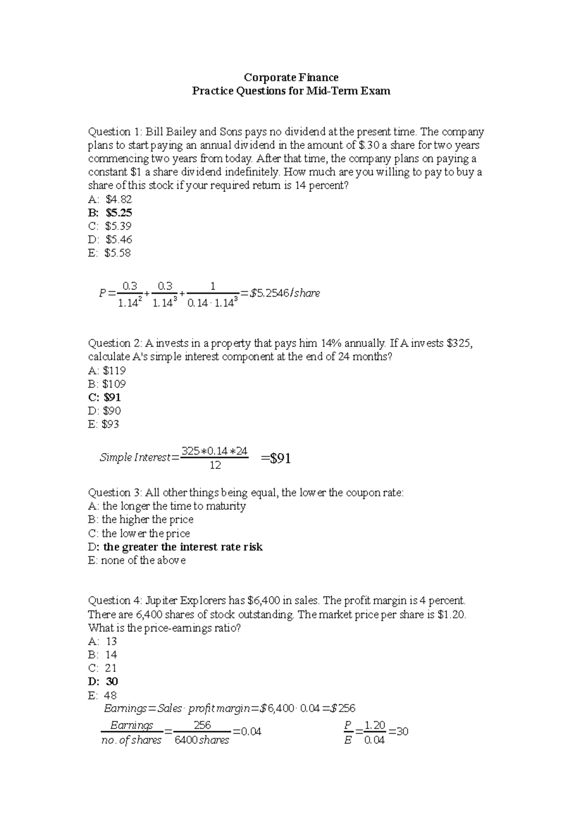 Practice Questions Mid Solutions - Corporate Finance Practice Questions ...