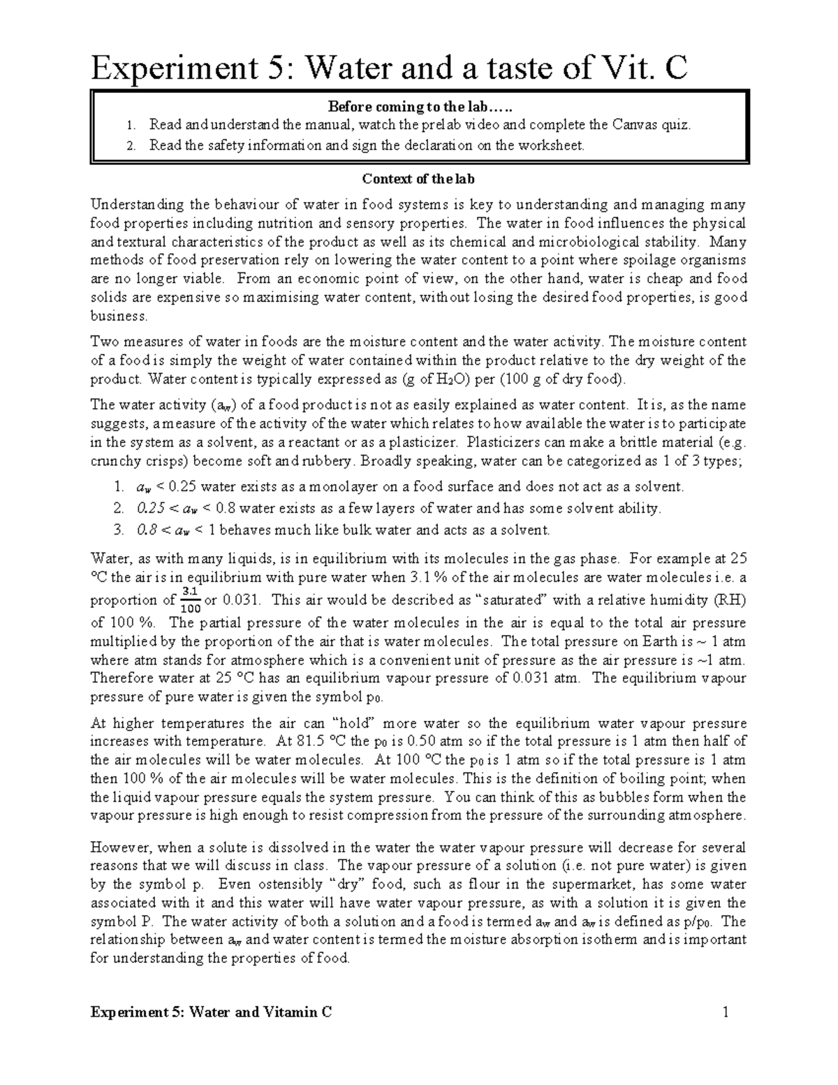 Lab Manual Foodsci 100 Lab 5 - Experiment 5: Water and a taste of Vit ...