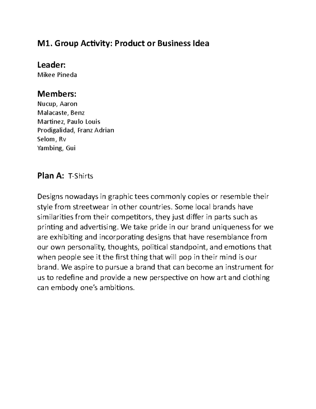 M1 Group Activity - M1. Group Activity: Product or Business Idea Leader ...