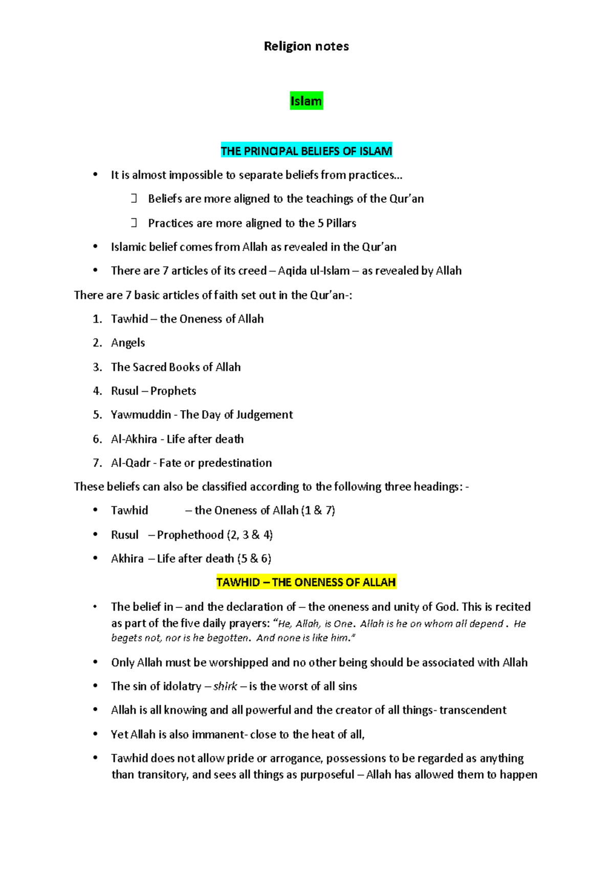 Detailed Notes on All Religions - Islam THE PRINCIPAL BELIEFS OF ISLAM ...