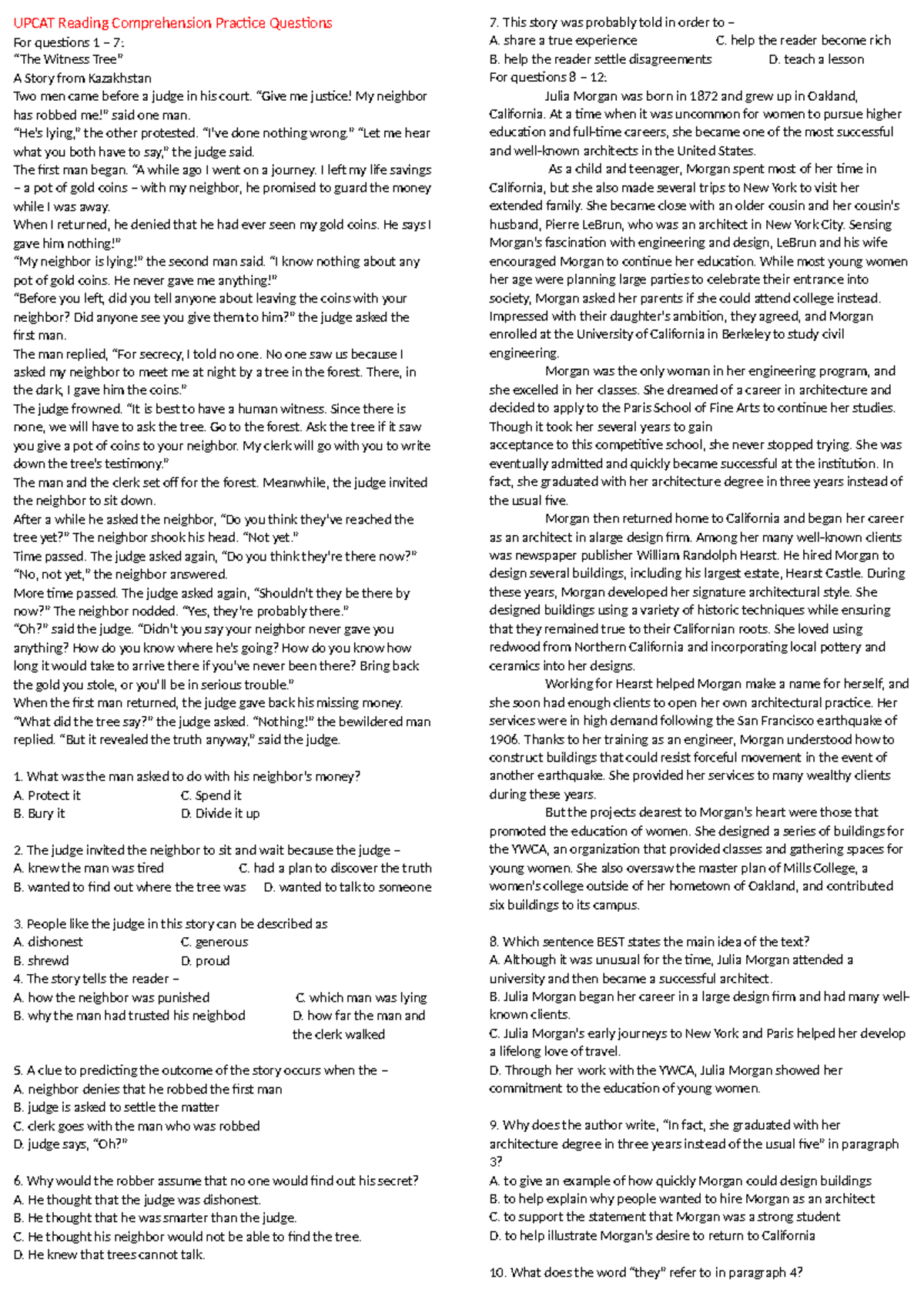 Upcat Reading Comprehension Practice Questions - UPCAT Reading ...