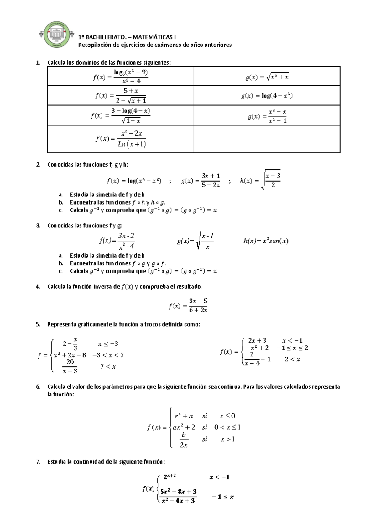 Funciones - Ejercicios de ex Ã¡menes anteriores - 1 º BACHILLERATO ...