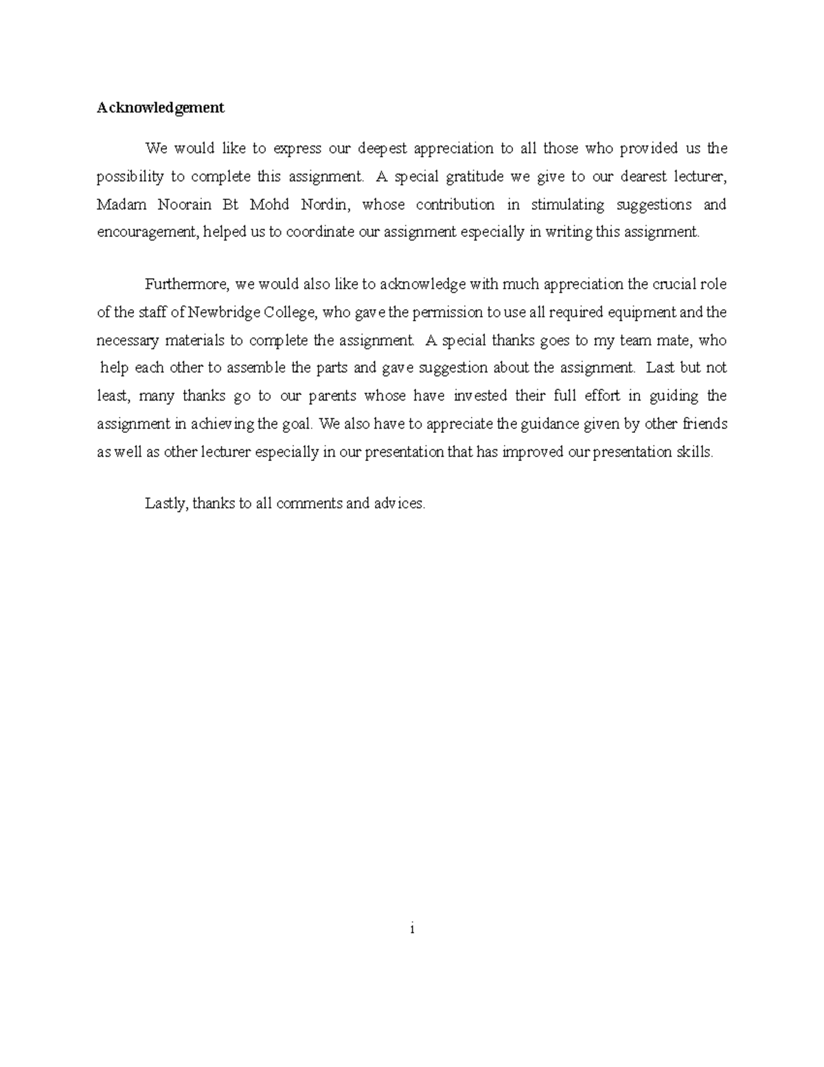 2. Assignment 1 (content list) - Acknowledgement We would like to ...