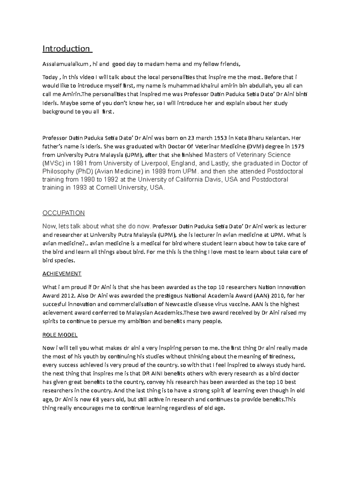 Script for oral presentation (DR VET) - Introduction Assalamualaikum ...