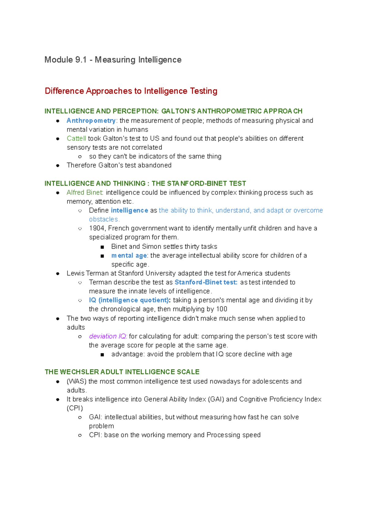 PSY100H1 UTSG Reading Notes Module 9.1 - Measuring Intelligence ...
