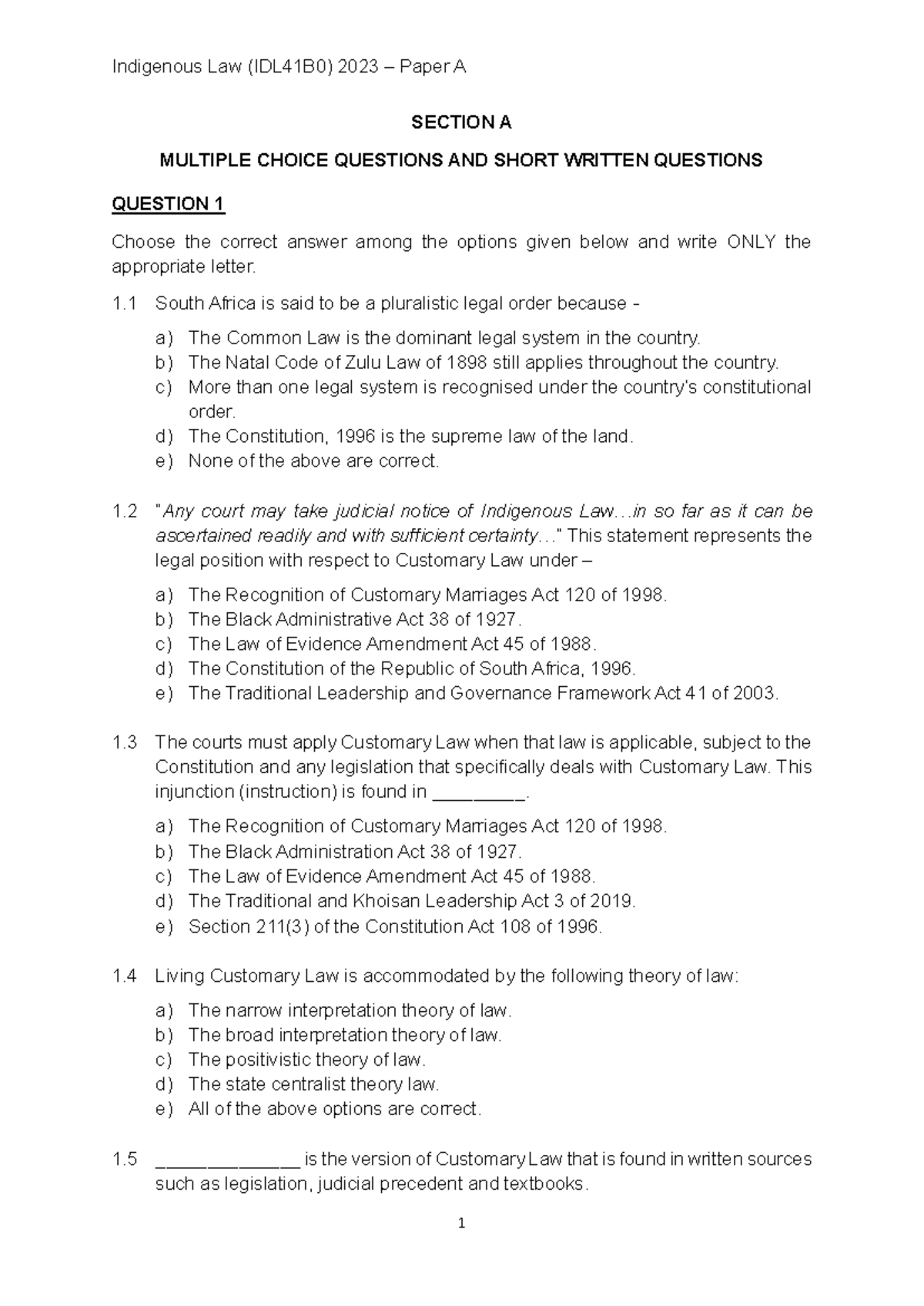 IDL41B0 - It consists of past papers - SECTION A MULTIPLE CHOICE ...