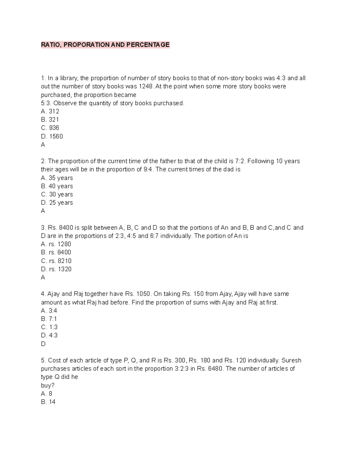 Unit 4 Ratio, Proporation AND Percentage - RATIO, PROPORATION AND ...