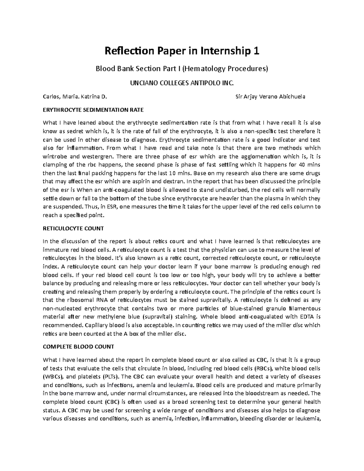 Calos-REF Paper-HEMA-PART1 - Reflection Paper in Internship 1 Blood ...