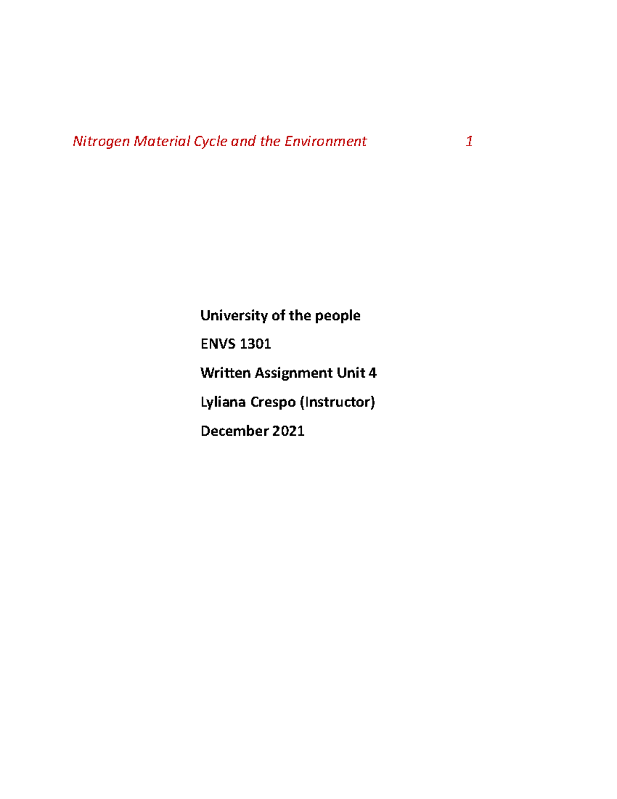 ENVS 1301 Written Assignment UNIT 4 - University of the people ENVS 1301 Written Assignment Unit ...
