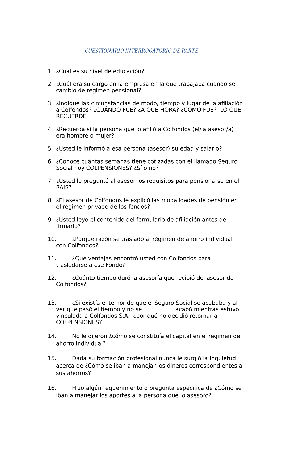 Preguntas interrogatorio representante legal ineficacia de traslado ...