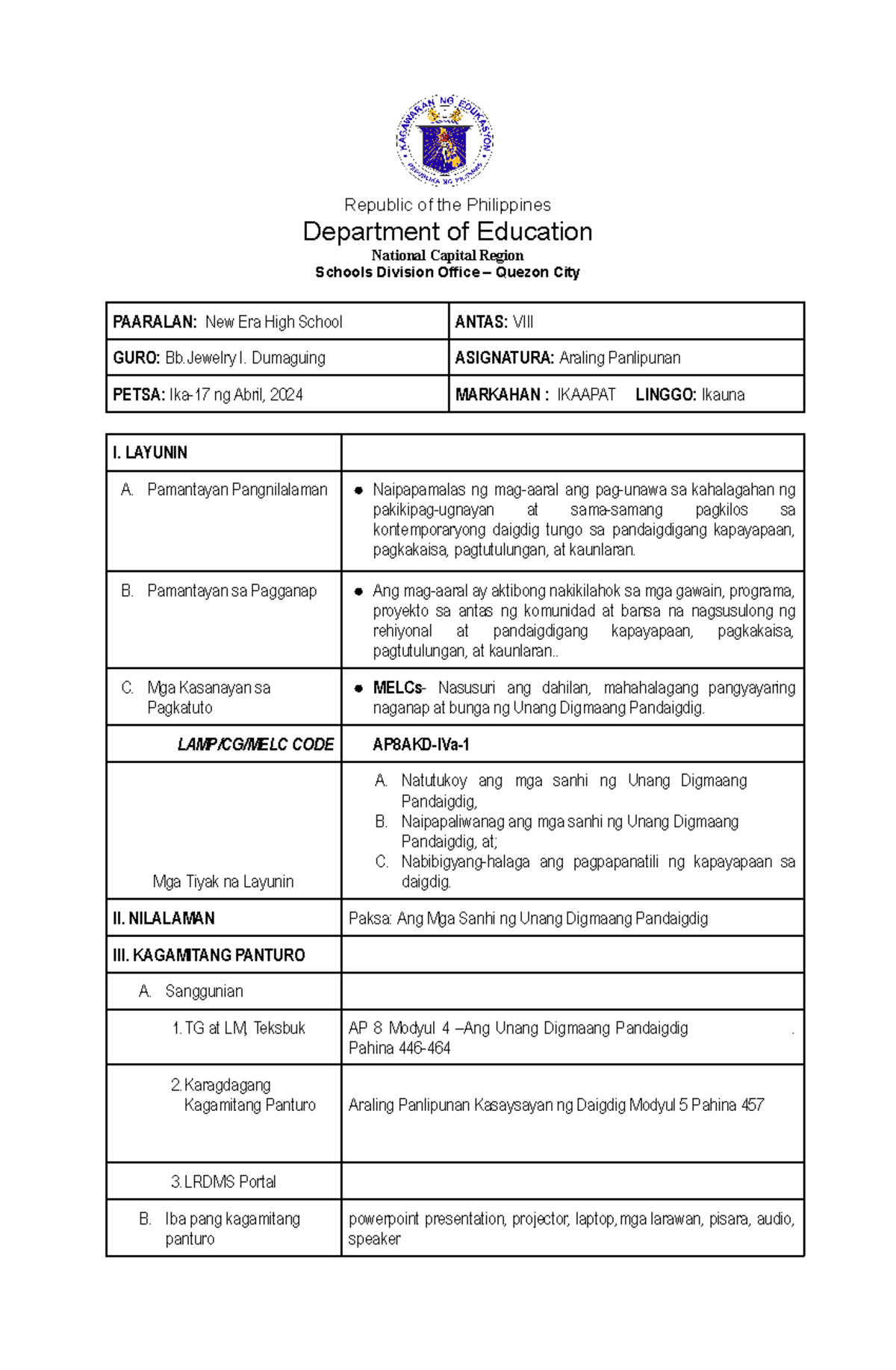 Unang Digmaang Pandaigdig deped dlp.docx - Republic of the Philippines ...