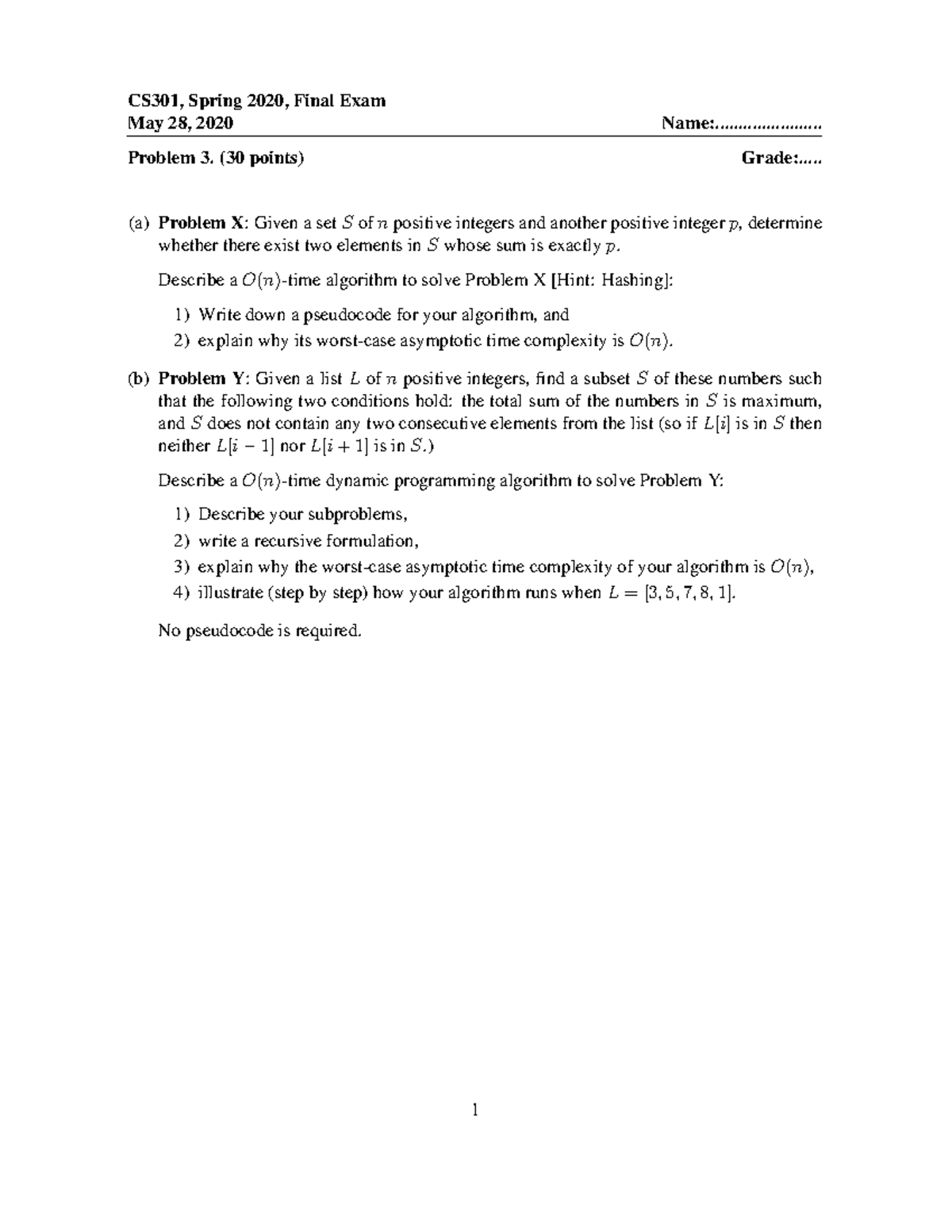 Final q3 - Questions - CS301, Spring 2020, Final Exam May 28, 2020 Name ...