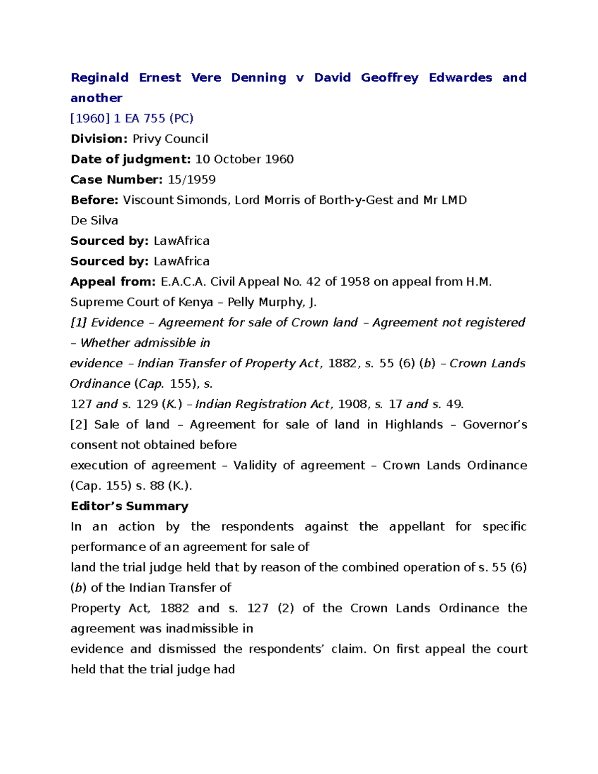 Denning v Edwards - Land law - Reginald Ernest Vere Denning v David ...