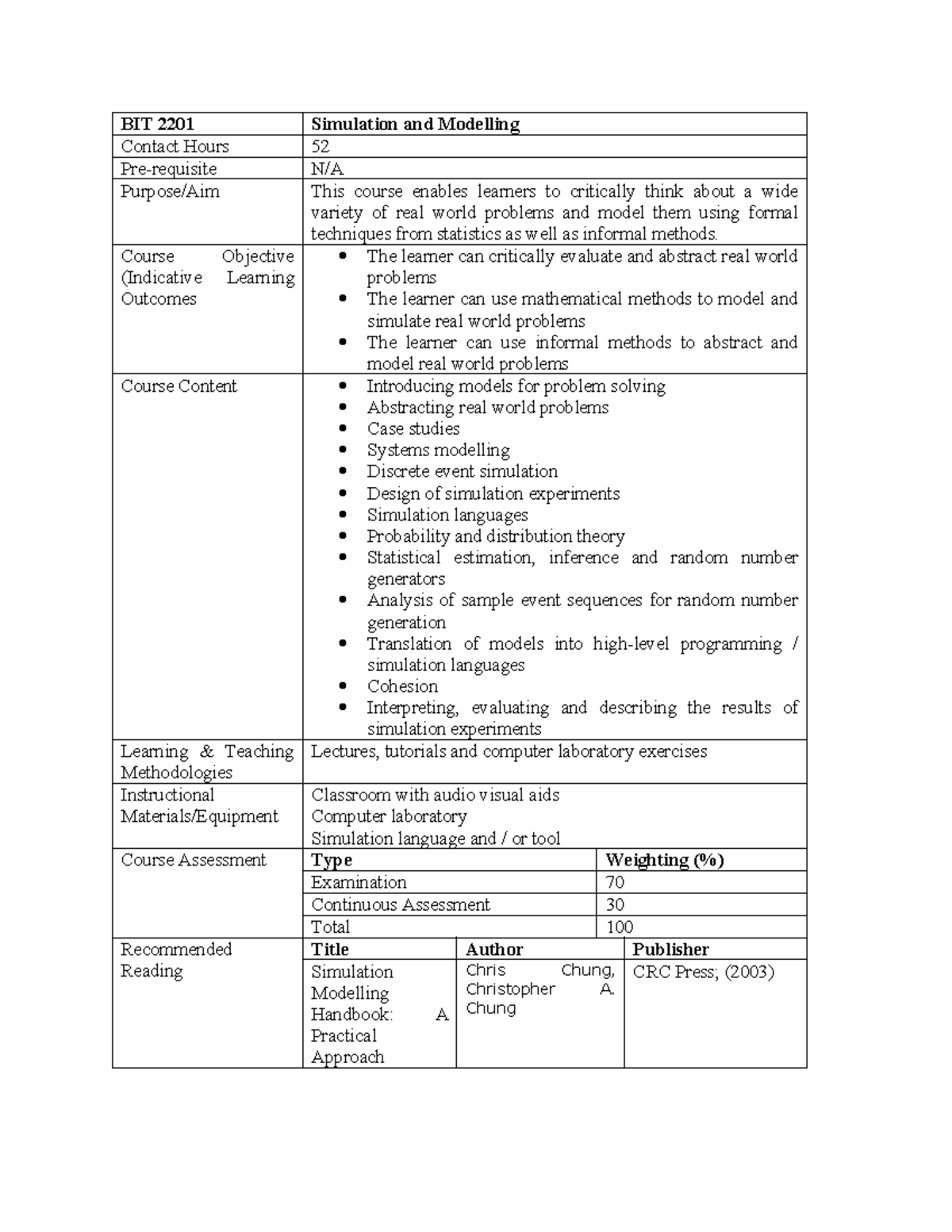 Simmmod - notes - BIT 2201 Simulation and Modelling Contact Hours 52 ...