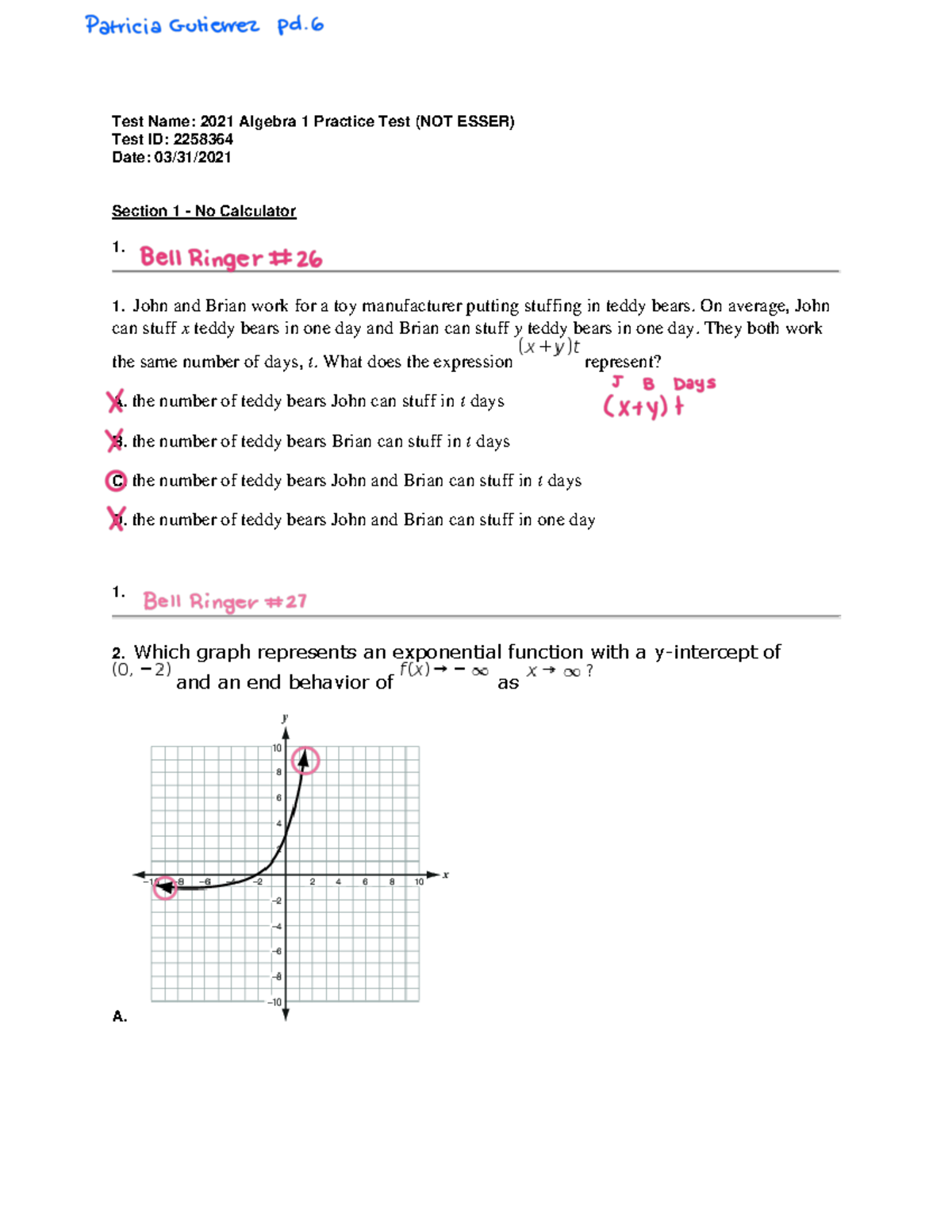 Bell Ringer Packet #2 tutorial work - Test Name: 2021 Algebra 1 ...