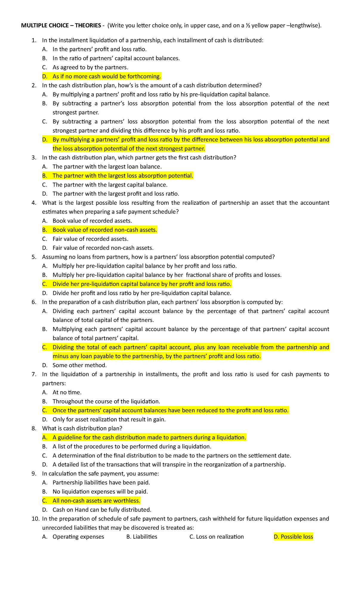 Exam Aud Theory - MULTIPLE CHOICE – THEORIES - (Write you letter choice ...