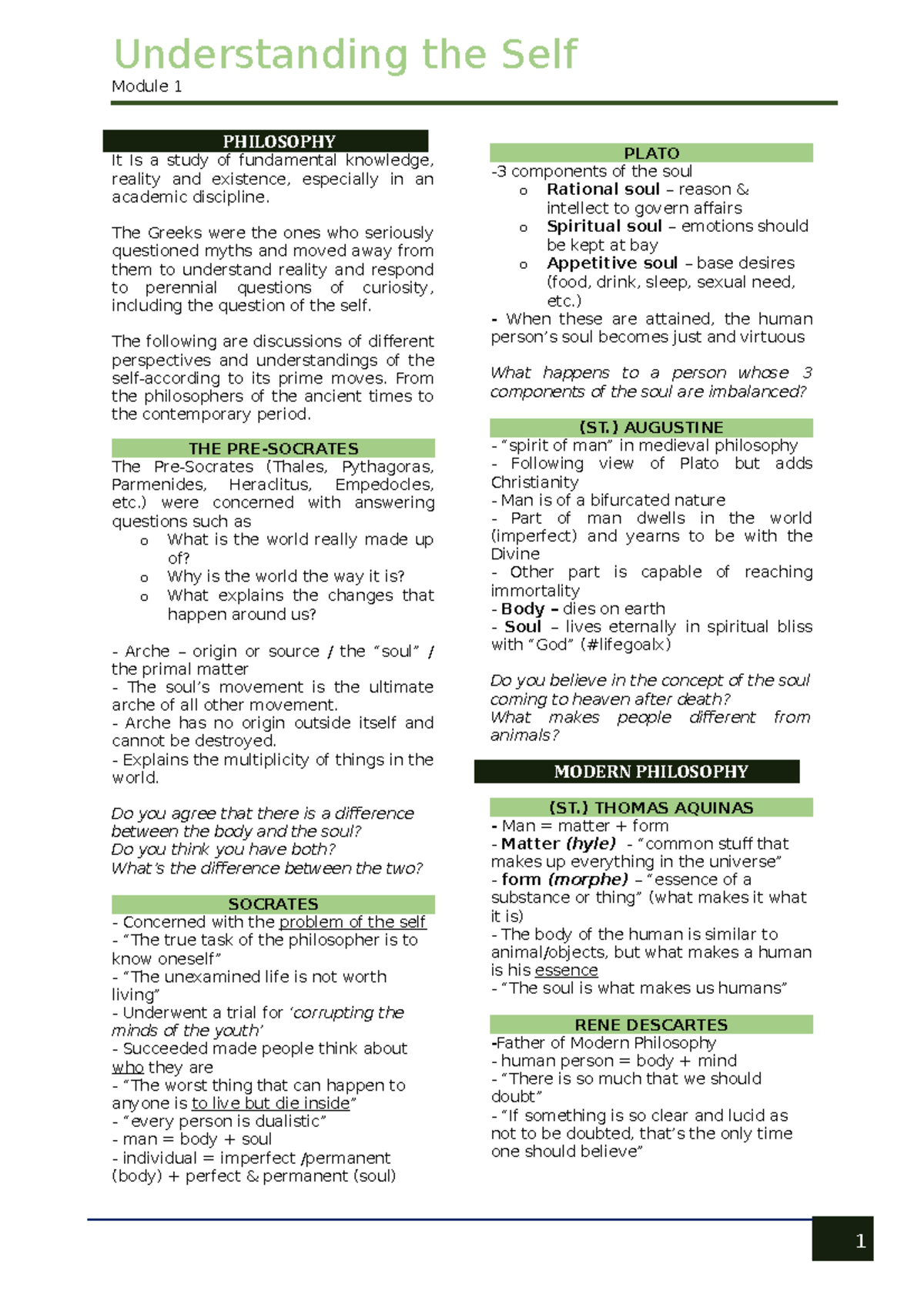 UTS Philosophy Reviewer - Understanding the Self Module 1 It Is a study ...