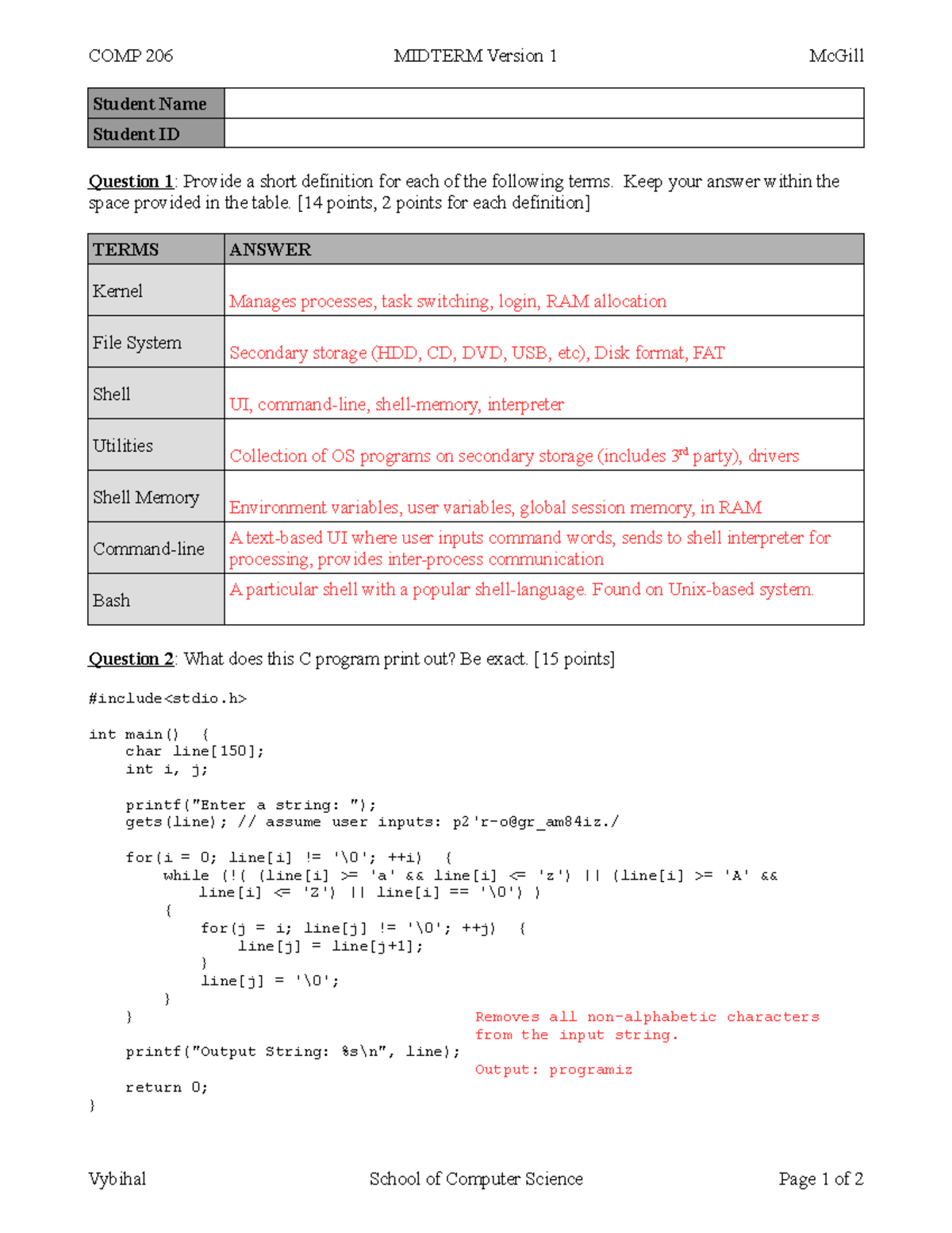 W17 Midterm version 1 - Practice/Exam - COMP 206 MIDTERM Version 1 McGill Student Name Student ...