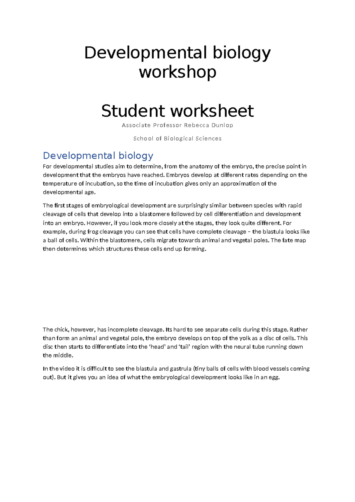 Developmental Biology Workshop 4 - Developmental biology workshop ...