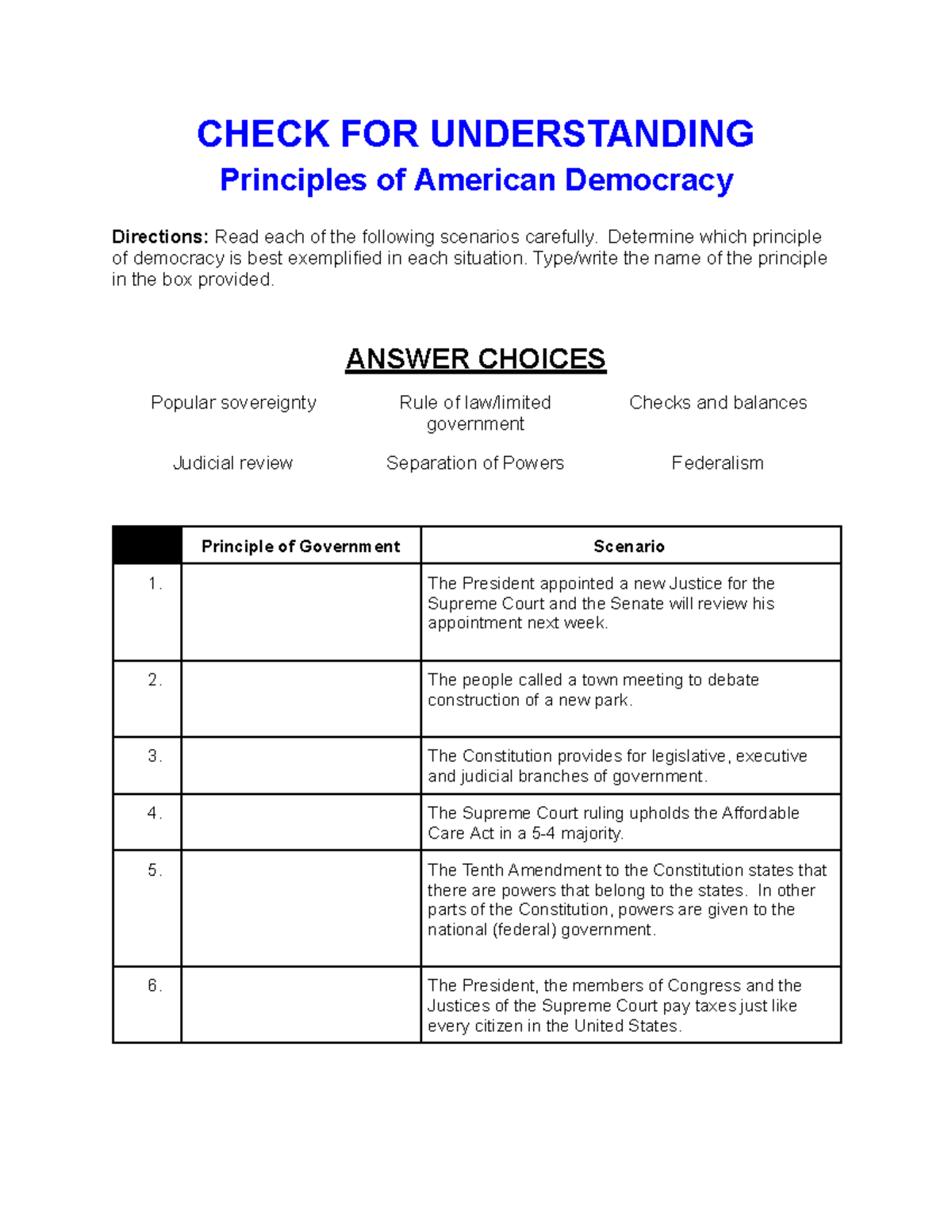 Copy of Check FOR Understanding Principles of Democracy - CHECK FOR ...