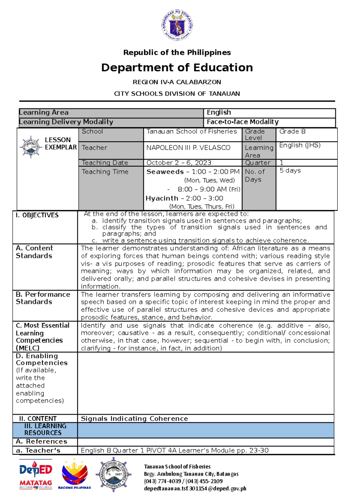 LESSON PLAN GRADE 8 - Learning Area English Learning Delivery Modality ...