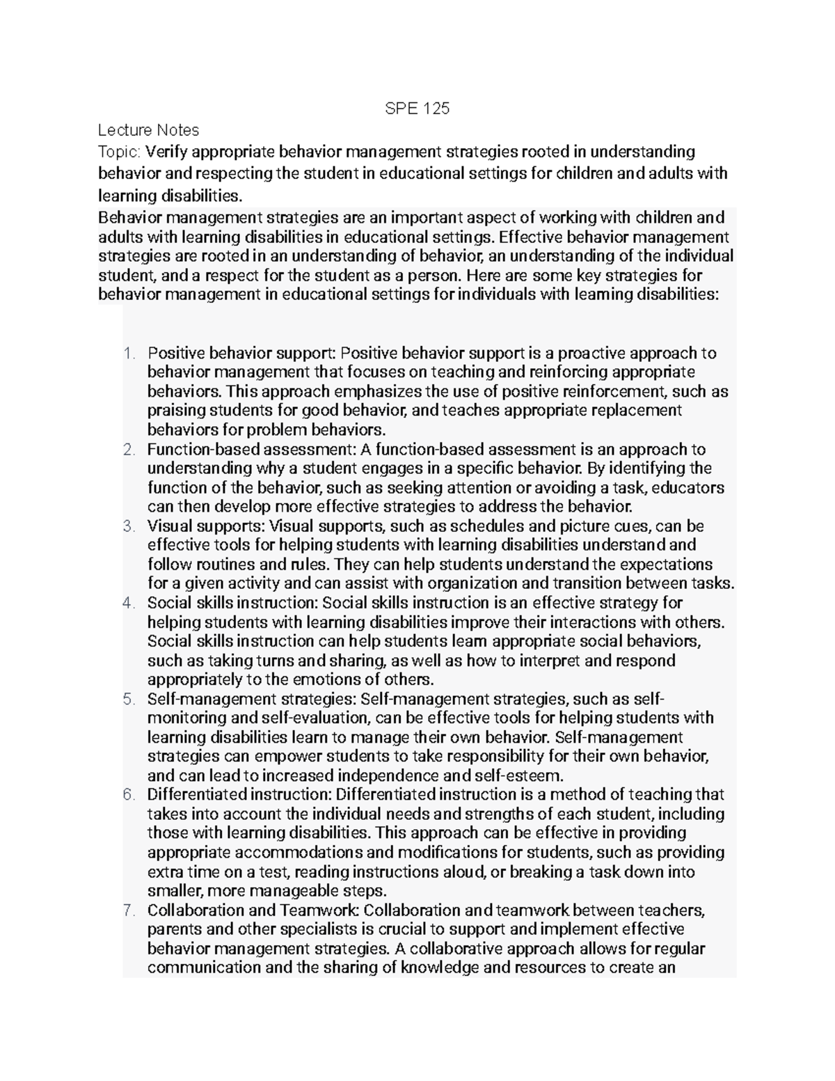 SPE 125 - Schoolcraft- Verify appropriate behavior management strategies rooted in understanding ...