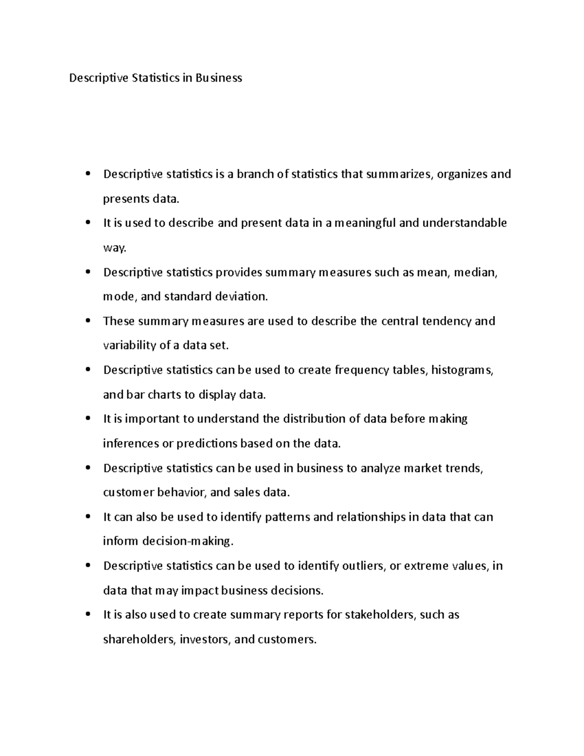Descriptive Stats notes - Descriptive Statistics in Business ...