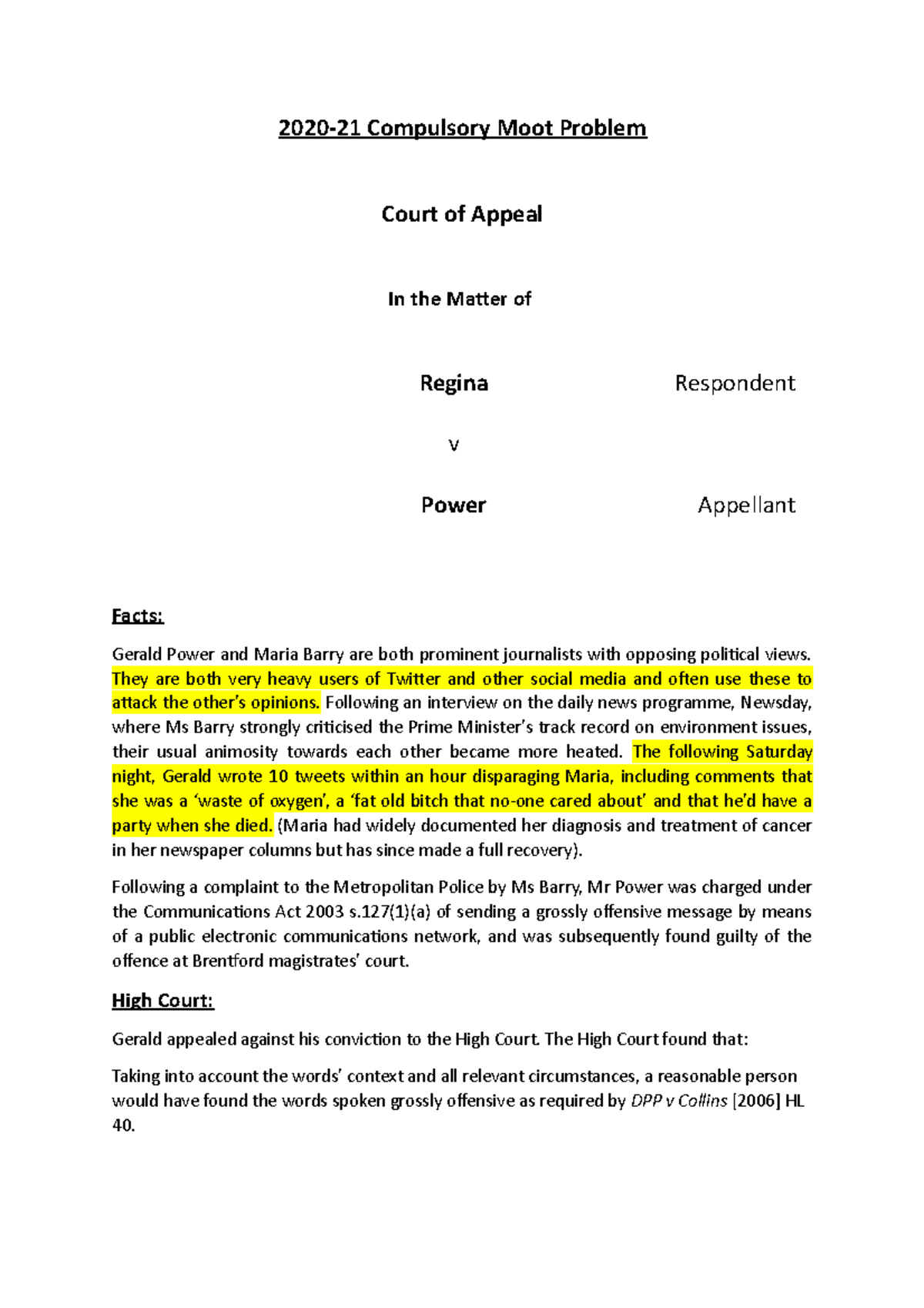 Moot question - 2020-21 Compulsory Moot Problem Court of Appeal In the ...
