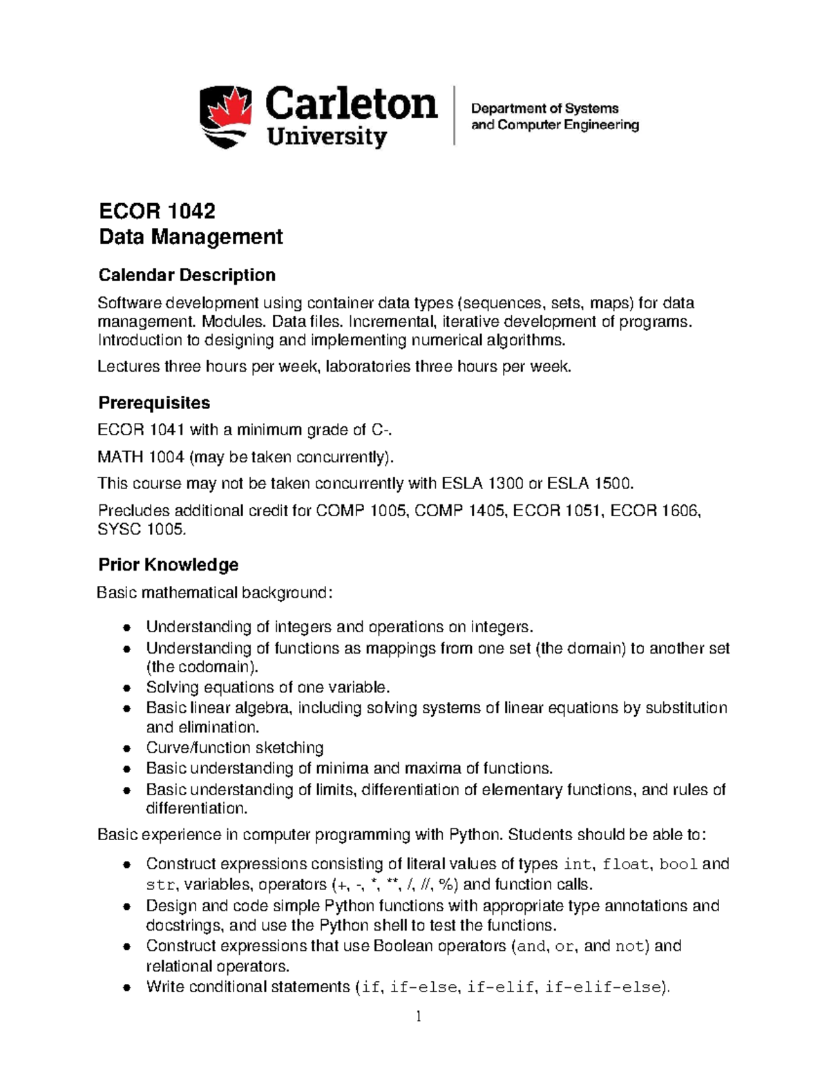 ECOR1042 course outline Feb 21 - ECOR 1042 Data Management Calendar ...