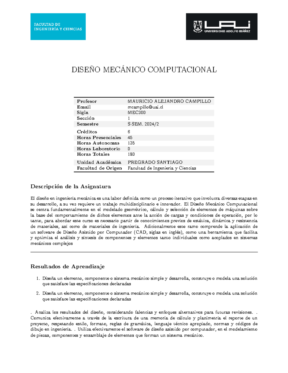 122430 - syllabus - DISEÑO MECÁNICO COMPUTACIONAL Profesor MAURICIO ...