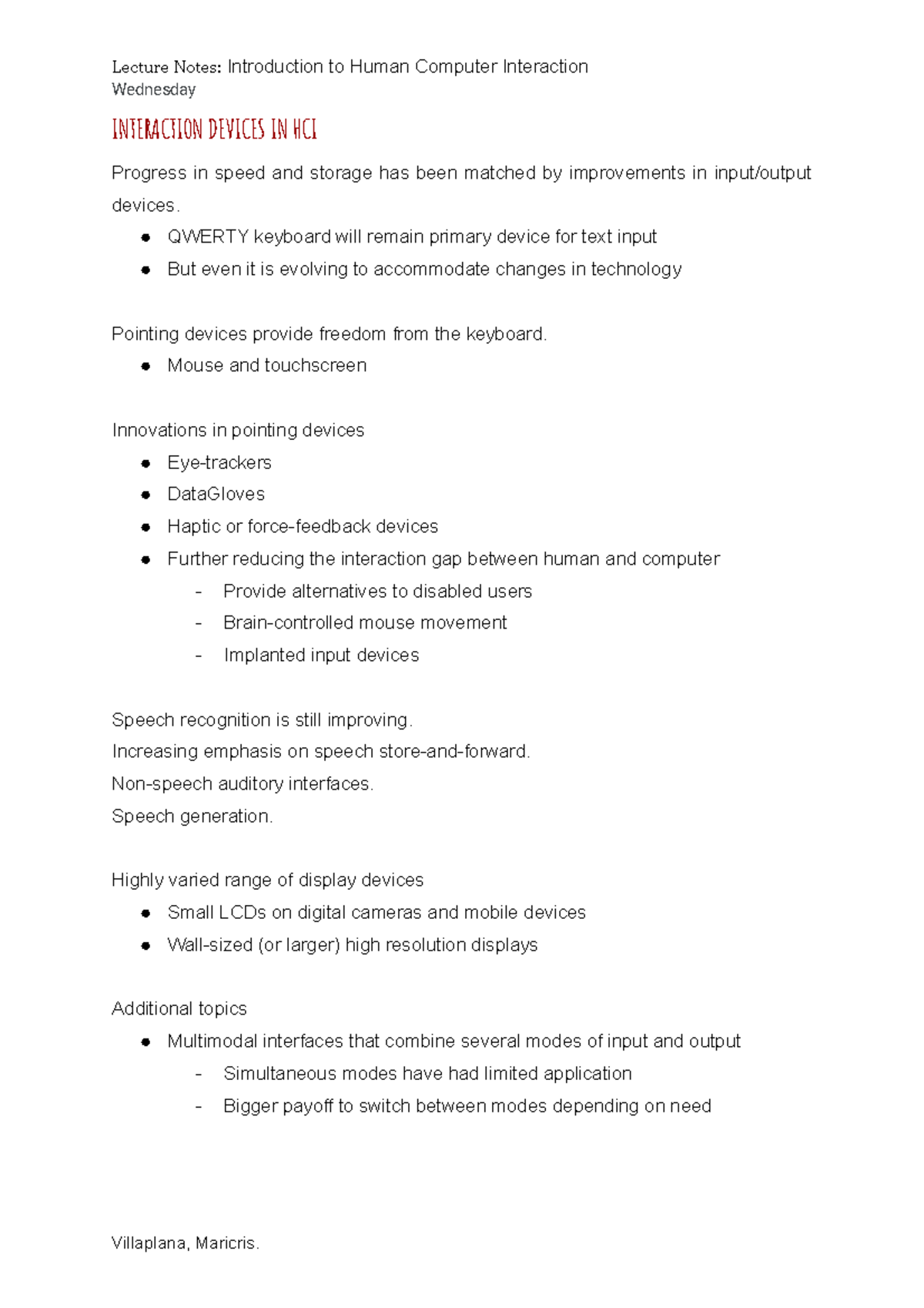Interaction Devices in HCI(Week8 Lecture Notes) - Wednesday INTERACTION ...