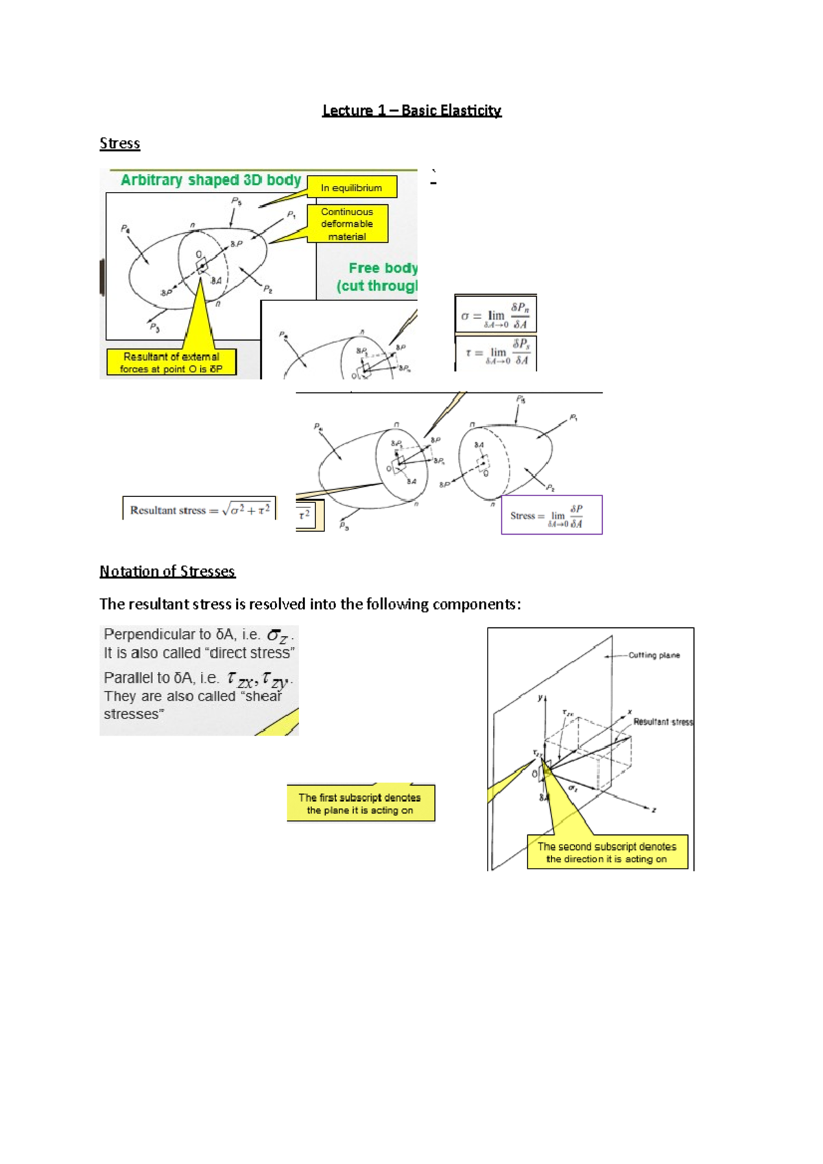 Lecture 1 + 2 - basic elasticity - Lecture 1 – Basic Elasticity Stress ...