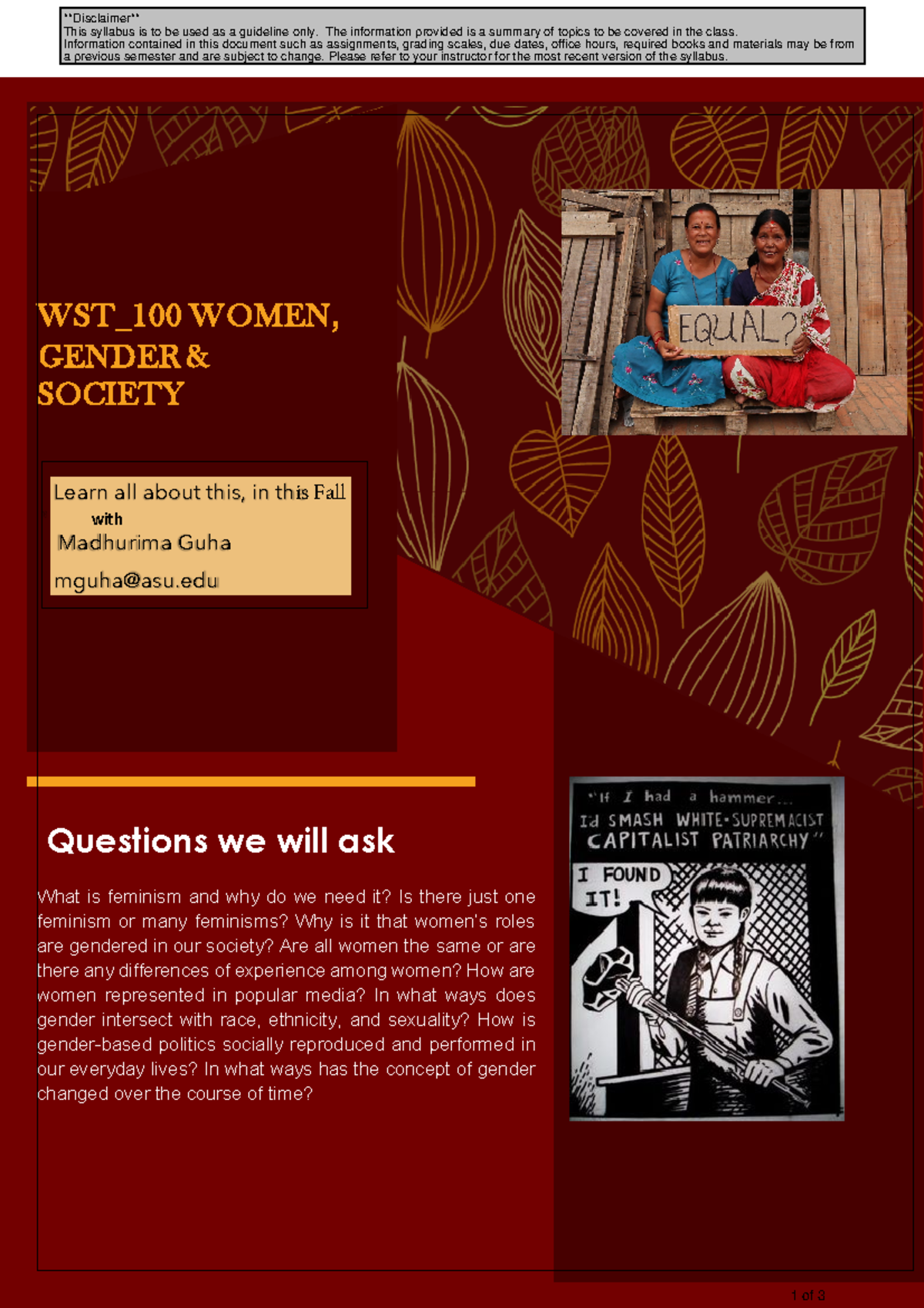 WST 100 Women Gender AND Society (FALL B) - ` ` WST_ 100 WOMEN, GENDER ...