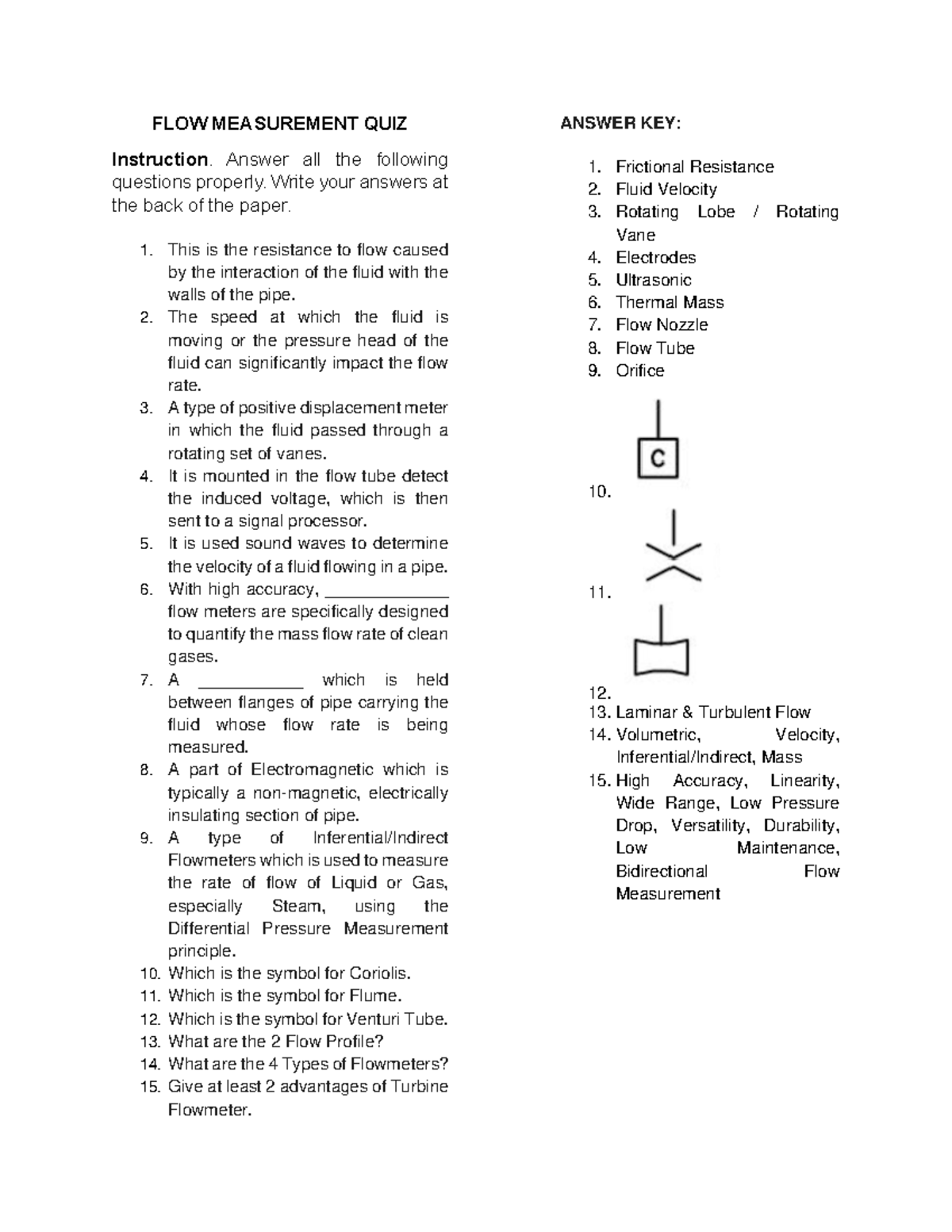 FLOW Measurement QUIZ - FLOW MEASUREMENT QUIZ Instruction. Answer all ...