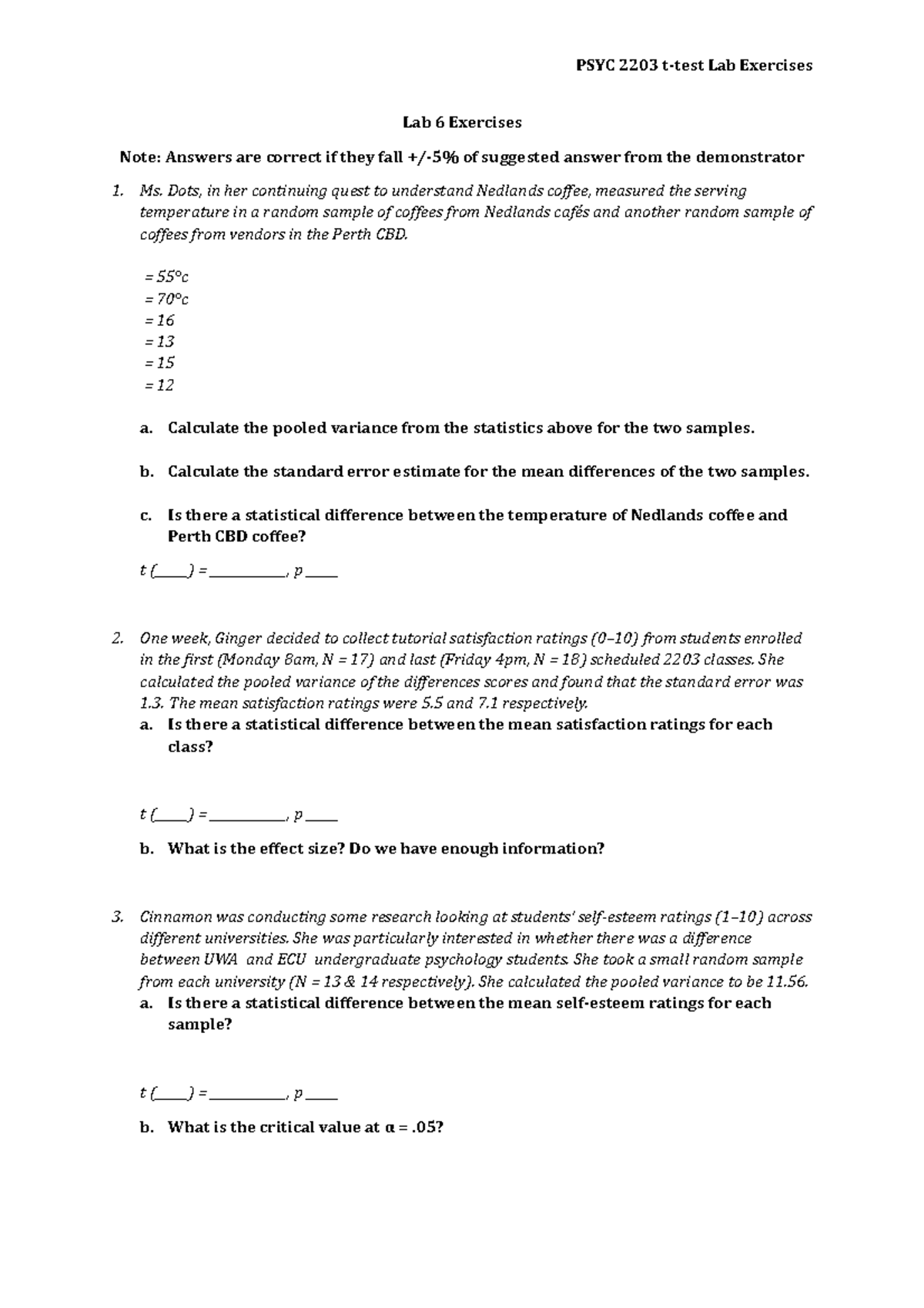(2023) PSYC2203 Lab 6[Week 8] Exercises - Lab 6 Exercises Note: Answers are correct if they fall ...