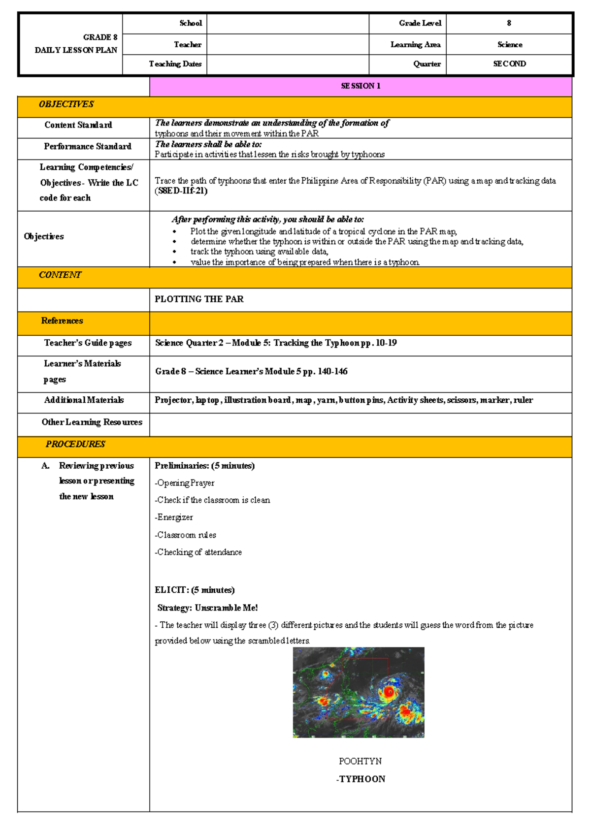 Tracking PAR - GRADE 8 DAILY LESSON PLAN School Grade Level 8 Teacher ...