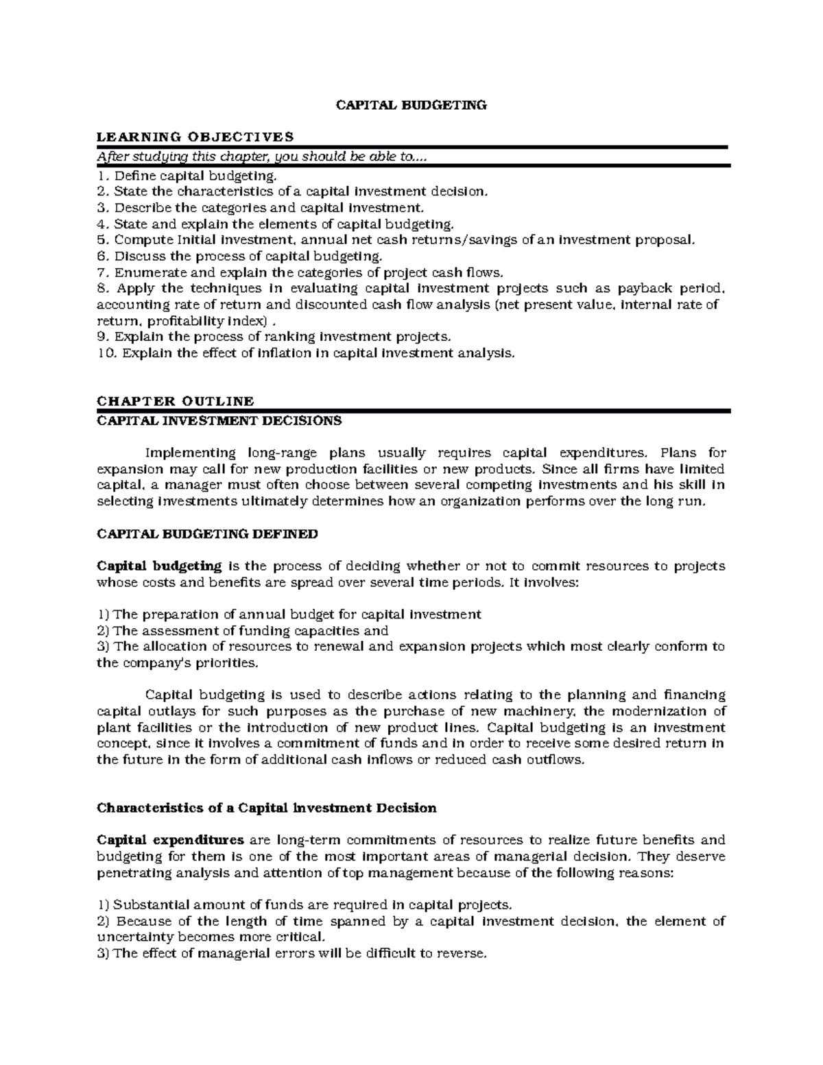 Capital Budgeting - csa - CAPITAL BUDGETING LEARNING OBJECTIVES After ...