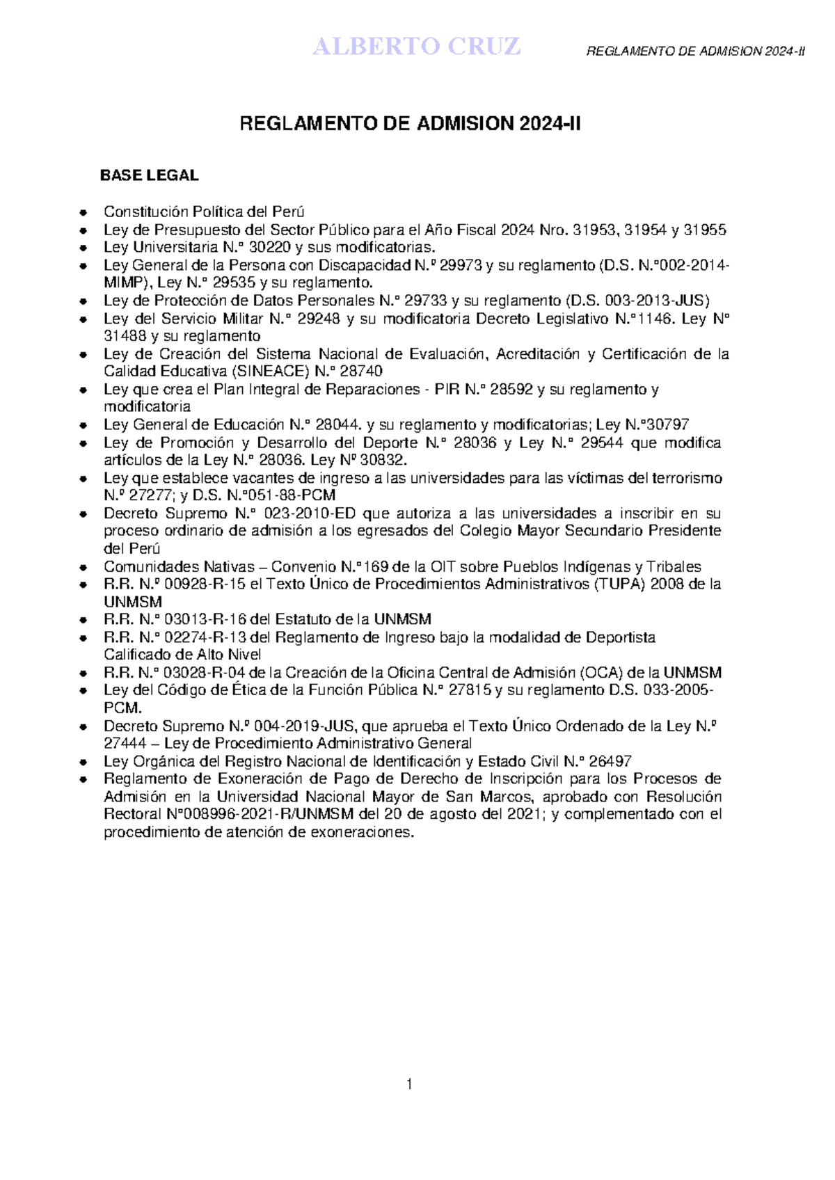 Reglamento de Admisión 2024-II Unmsm por Alberto Cruz - REGLAMENTO DE ADMISION 2024-II BASE ...
