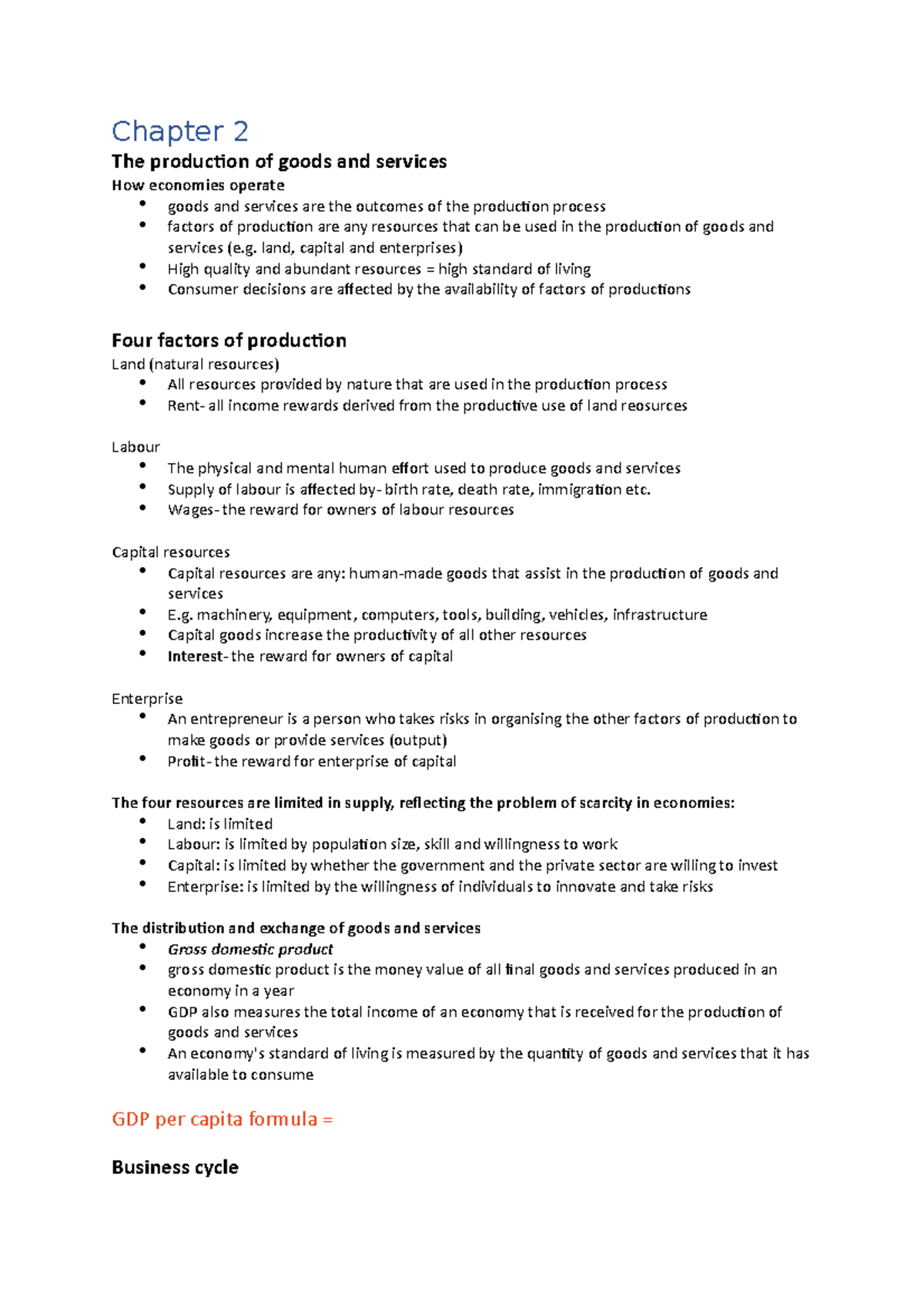 Eco notes - Chapter 2 The production of goods and services How ...