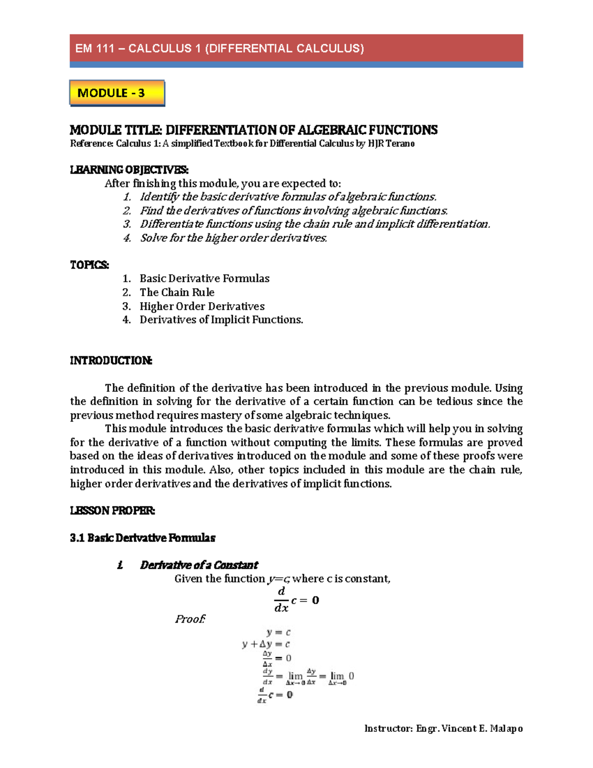 Calculus 1 Module 3 Differentiation of Algebraic Functions 2 - MODULE ...