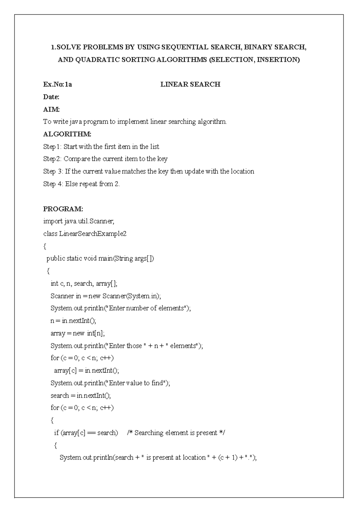 OOPS LAB - OOPS LAB - 1 PROBLEMS BY USING SEQUENTIAL SEARCH, BINARY SEARCH, AND QUADRATIC ...