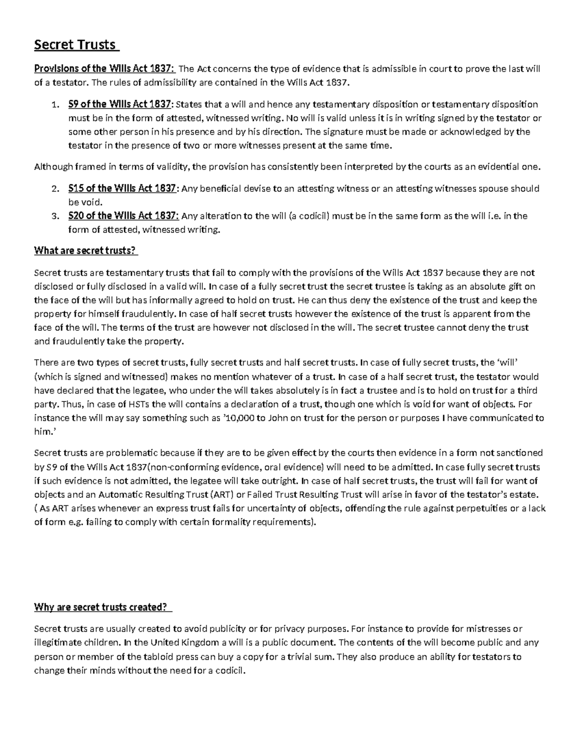 Secret trusts notes - Secret Trusts Provisions of the Wills Act 1837 ...