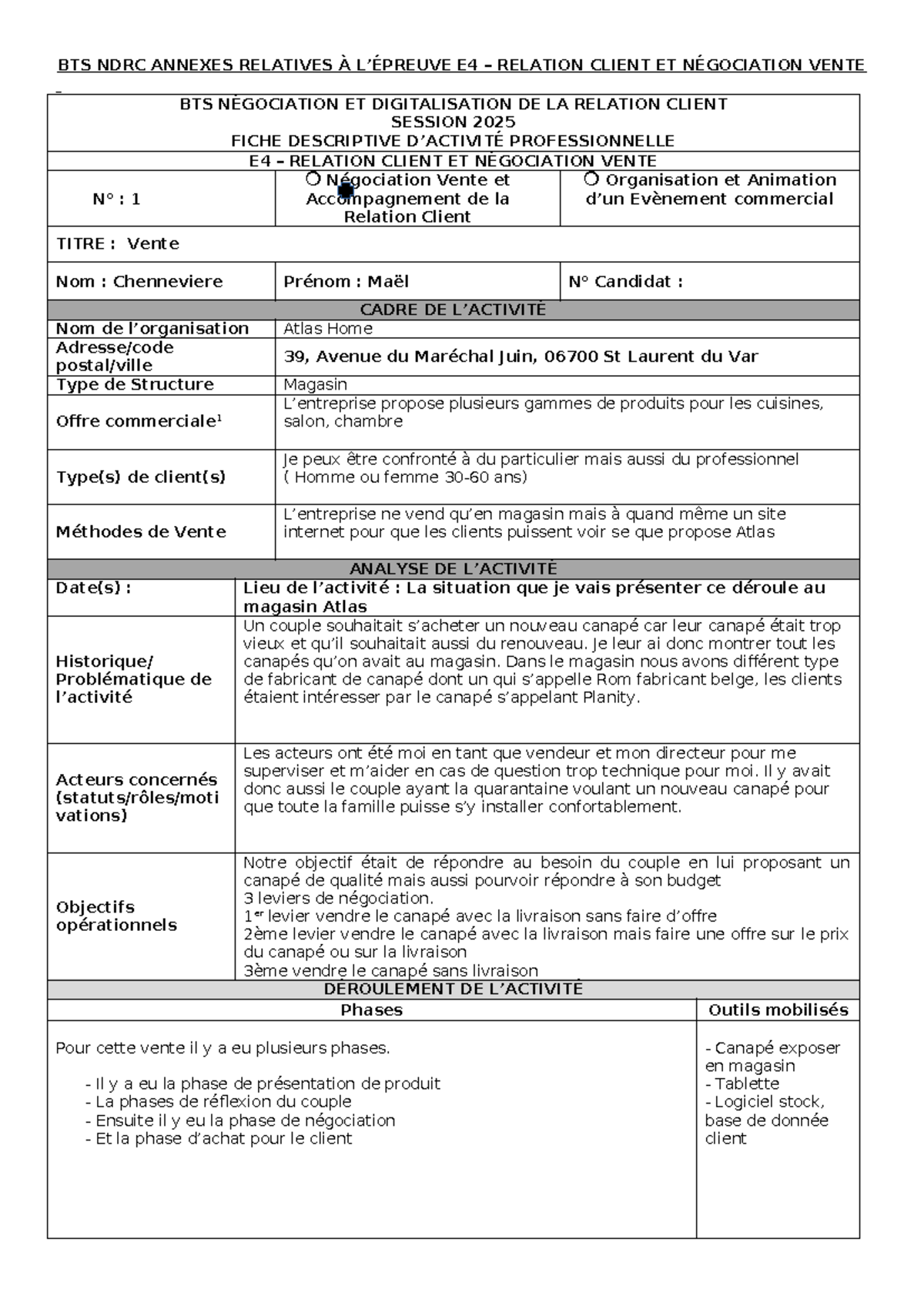 Fiche E4 - Vierge - BTS NDRC ANNEXES RELATIVES À L’ÉPREUVE E4 – RELATION CLIENT ET NÉGOCIATION ...