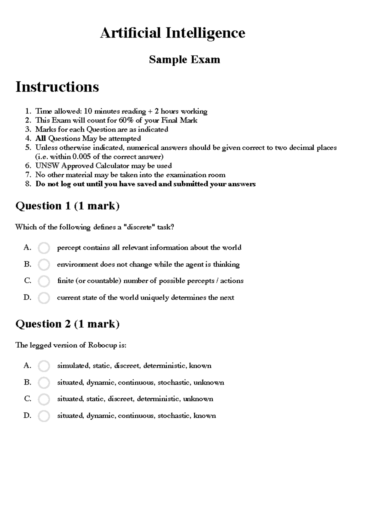 Artificial Intelligence exam - Artificial Intelligence Sample Exam Instructions Time allowed: 10 ...