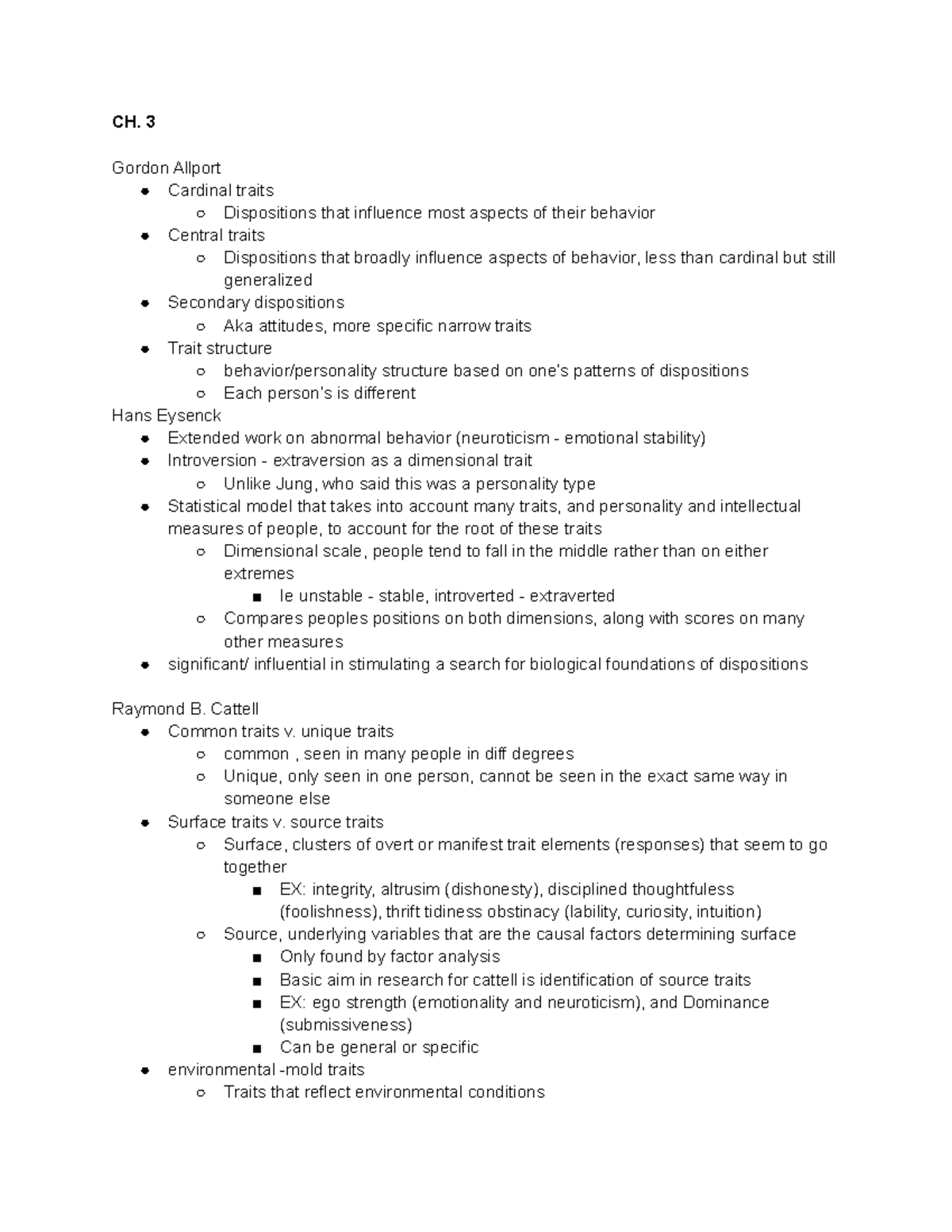 Trait Approaches - Lecture notes 11 - CH. 3 Gordon Allport Cardinal ...