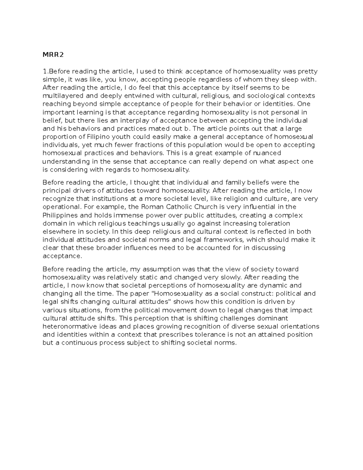 MRR2 - MRR2 - MRR 1 reading the article, I used to think acceptance of homosexuality was pretty ...