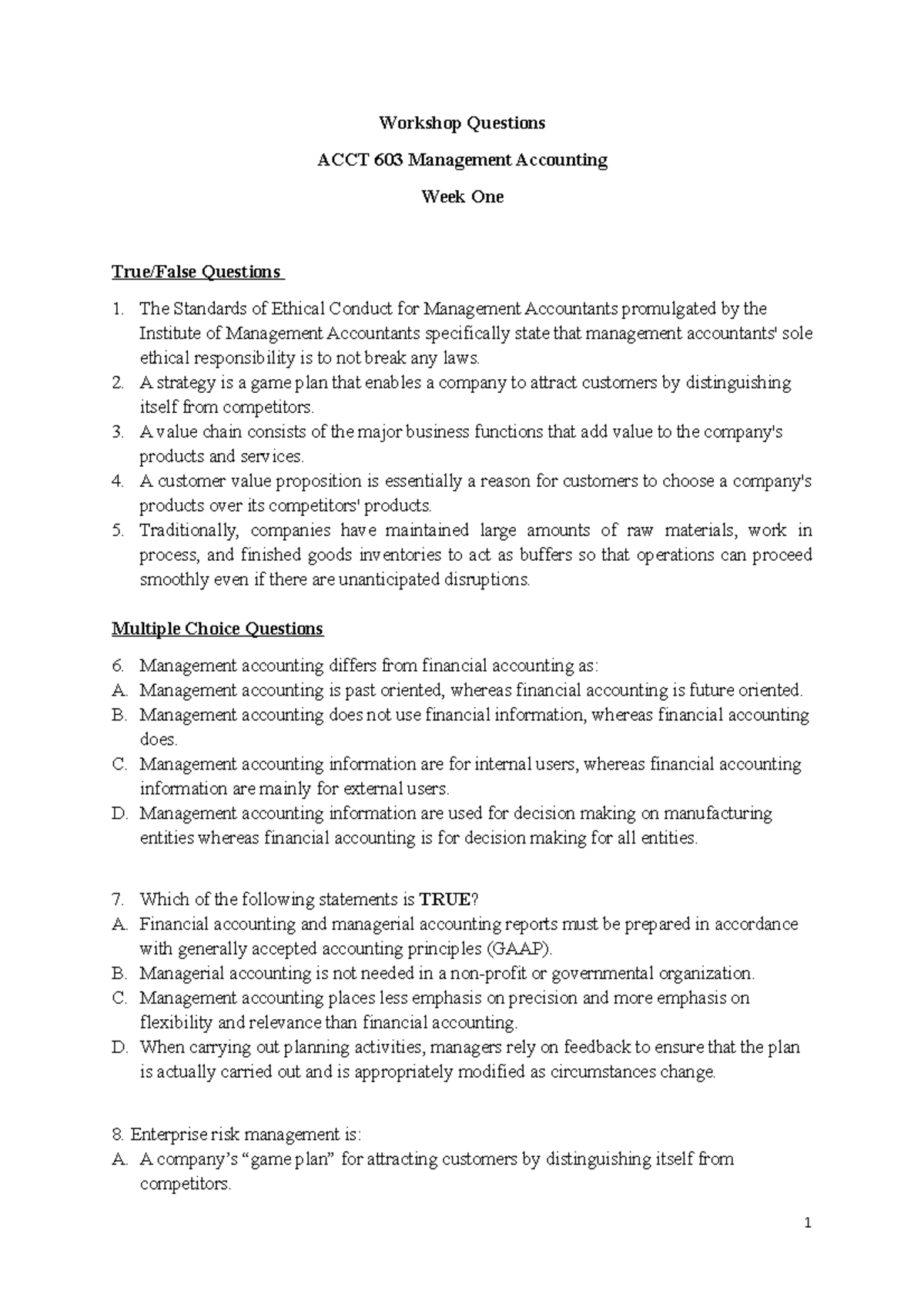 Week 1 Workshop questions ACCT603 S1 2019 - Workshop Questions ACCT 603 ...