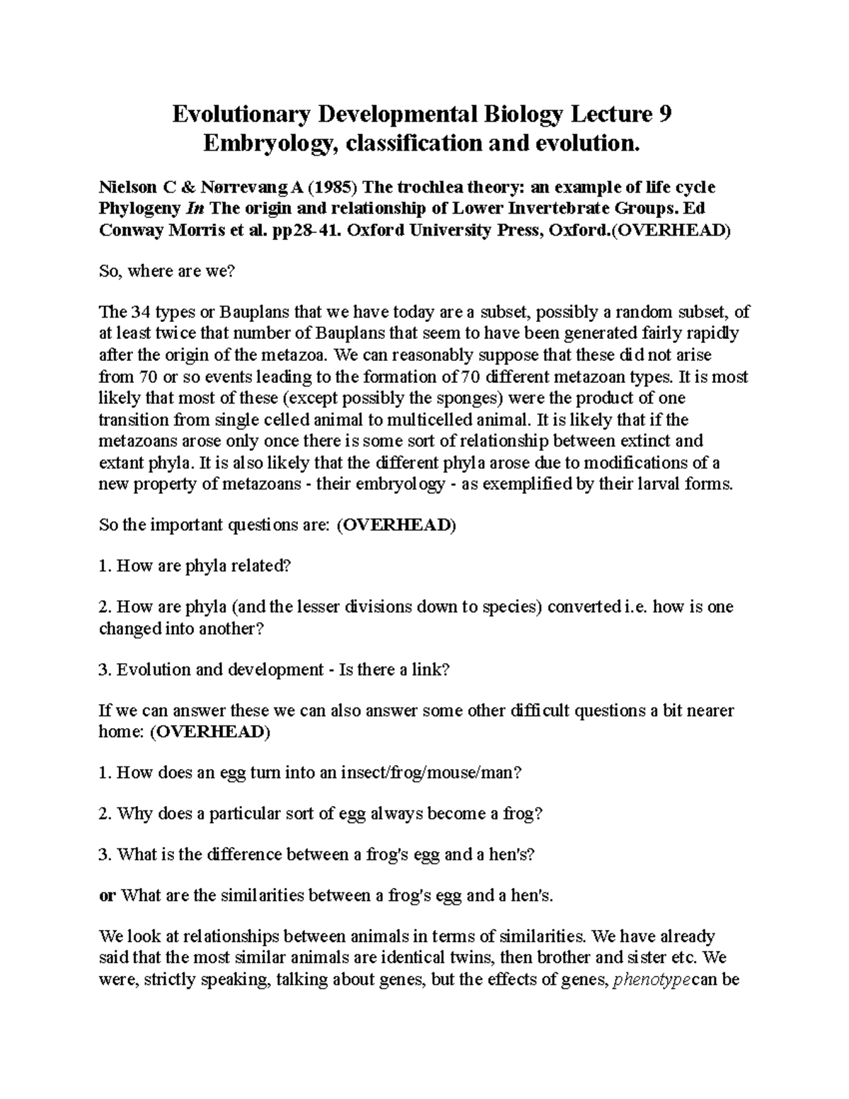 Evolutionary Developmental Biology Lecture 9 - Nielson C &amp ...