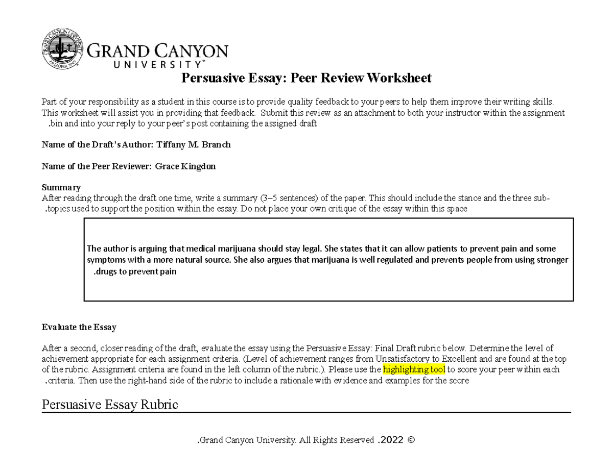 1 peer review - Persuasive Essay: Peer Review Worksheet Part of your ...