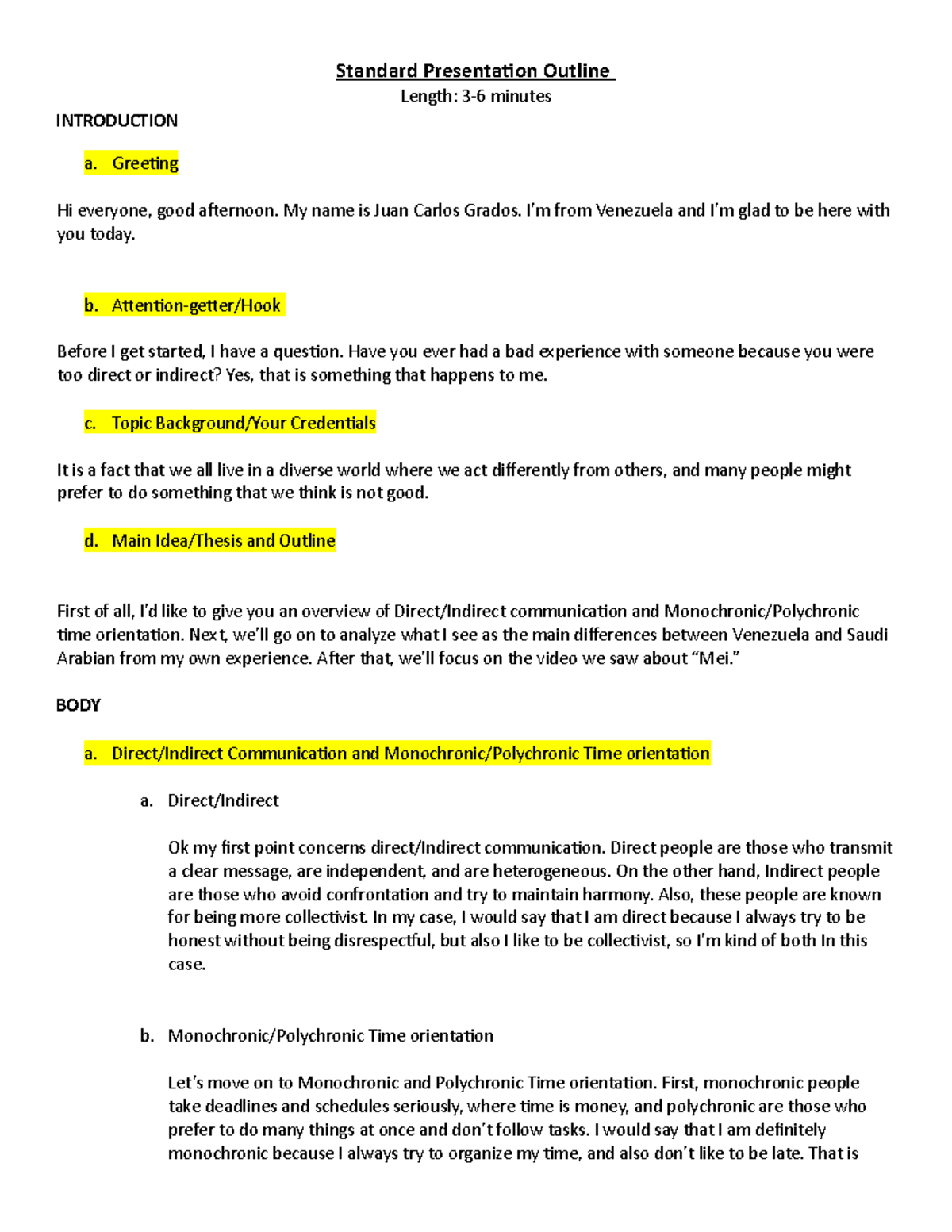 Culture clash speech outline - Standard Presentation Outline Length: 3 ...